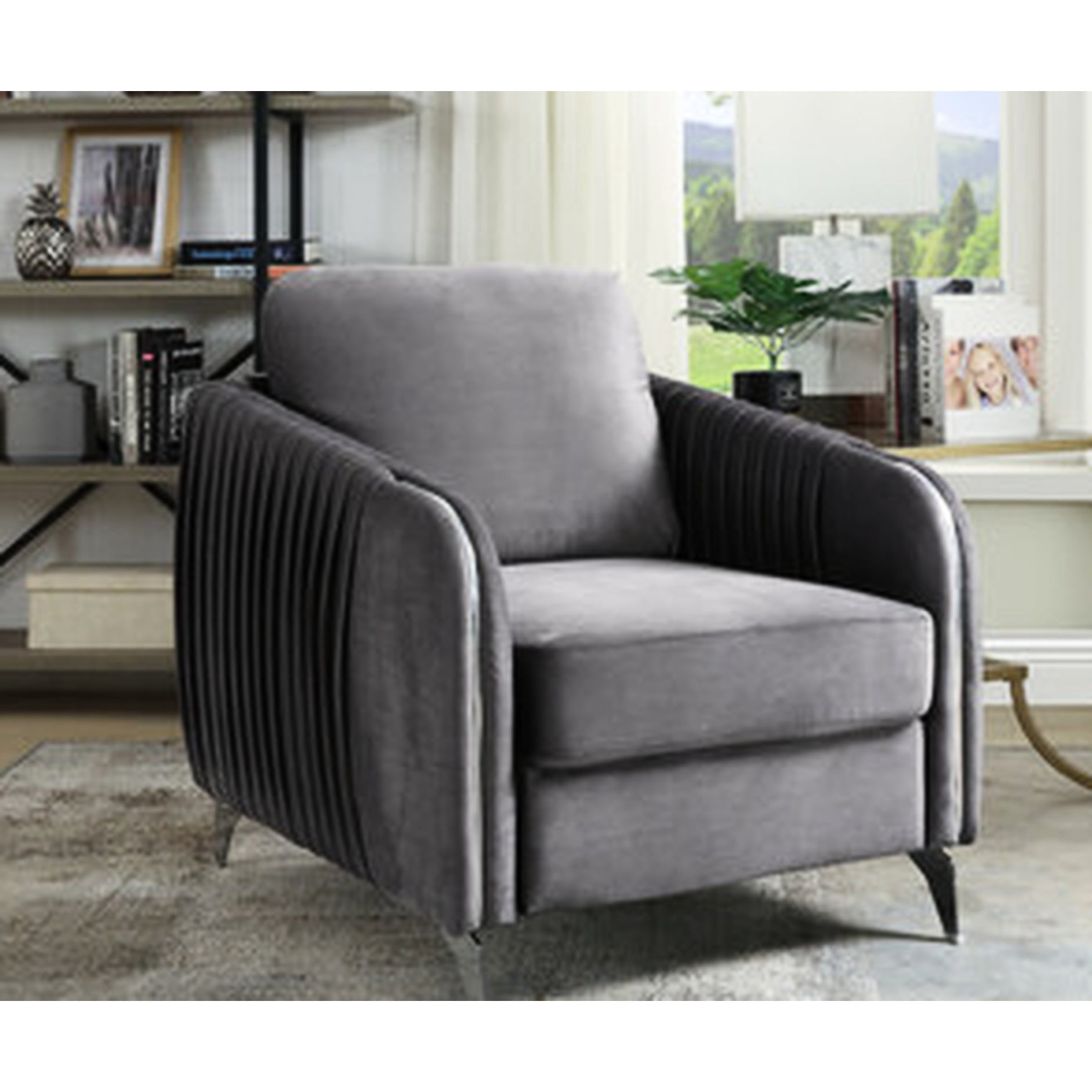 Gray Velvet 32" Chair, 5" Leg Height, Vertical Channel Design Modern ...
