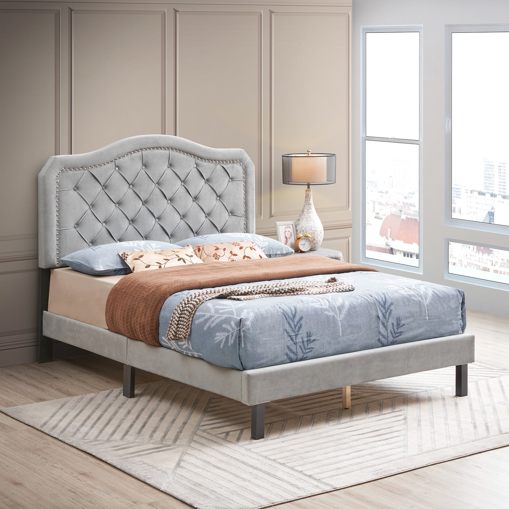 Gray Velvet Button Tufted Queen Bed on Platform | Strong Support, No ...