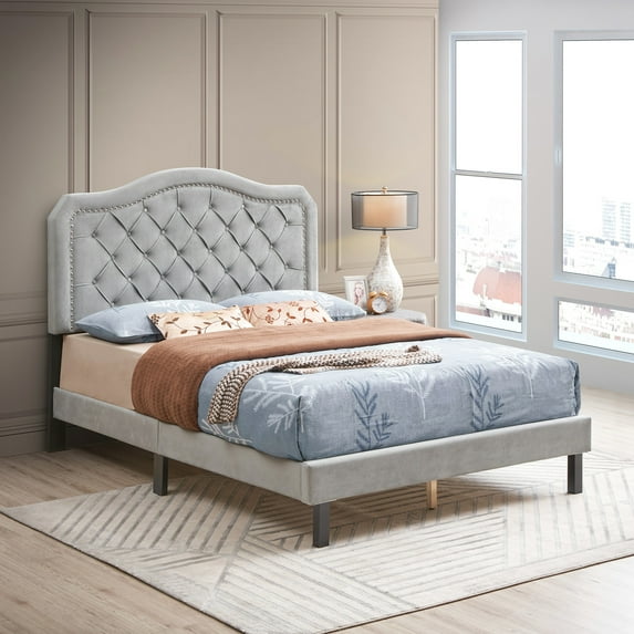 Gray Velvet Button Tufted Queen Bed on Platform | Strong Support, No ...
