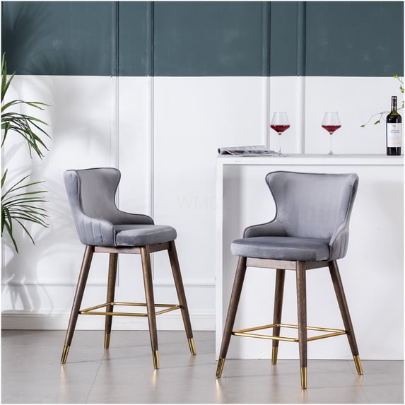 Gray Velvet Counter Stools Set of 2 with Wingback Design and Walnut ...