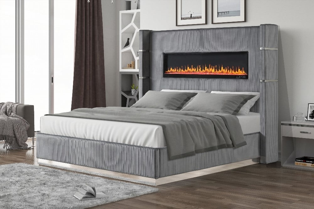 Gray Velvet Lizelle Upholstery King Bed Having Inbuilt Fireplace ...