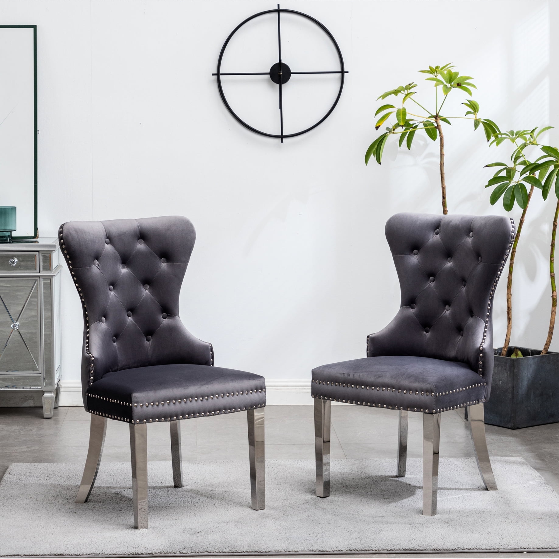 Gray Velvet Material with Tufting - Nailhead and Stainless Steel ...