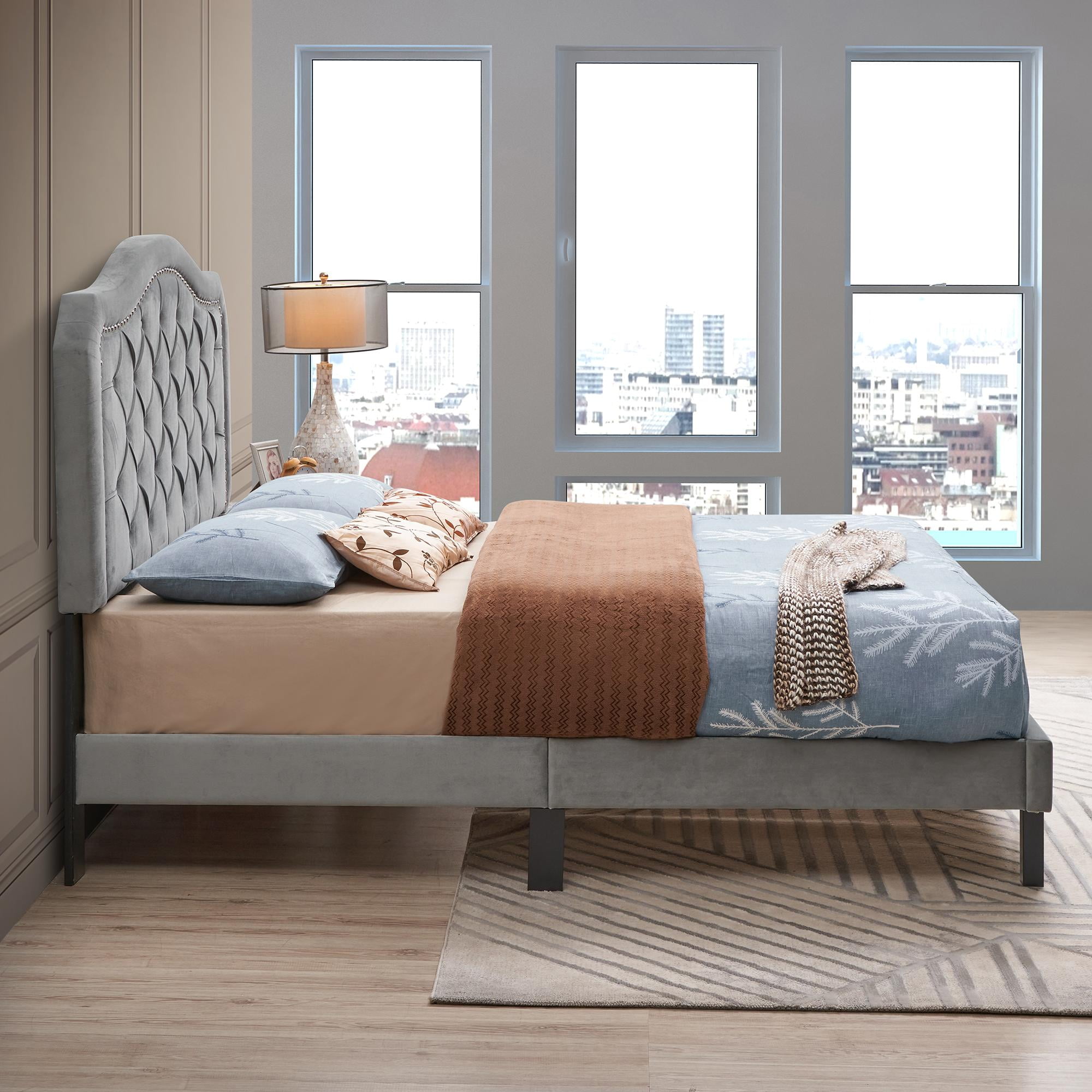 Gray Velvet Queen Platform Bed Frame - Button Tufted, Curved Design ...