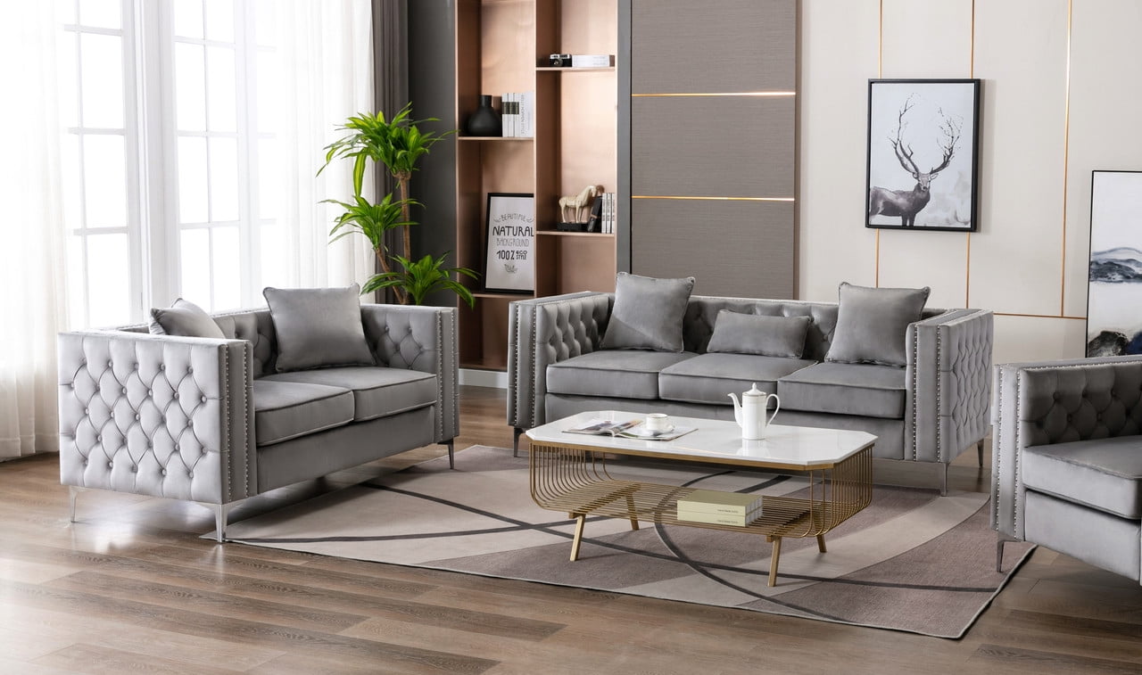 Gray Velvet Sofa Loveseat Living Room Set - Elegant and Luxurious ...