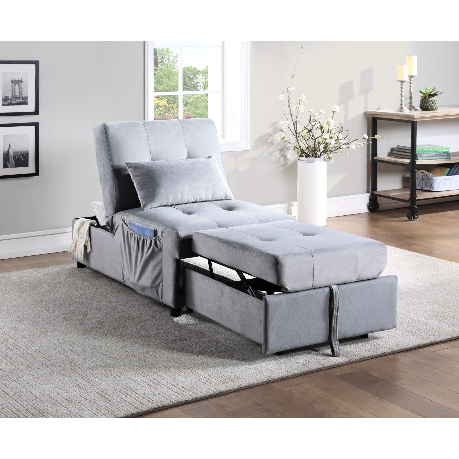 Gray Velvet Storage Bench With Pull-out Bed, Solid Wood Frame, Lumbar ...