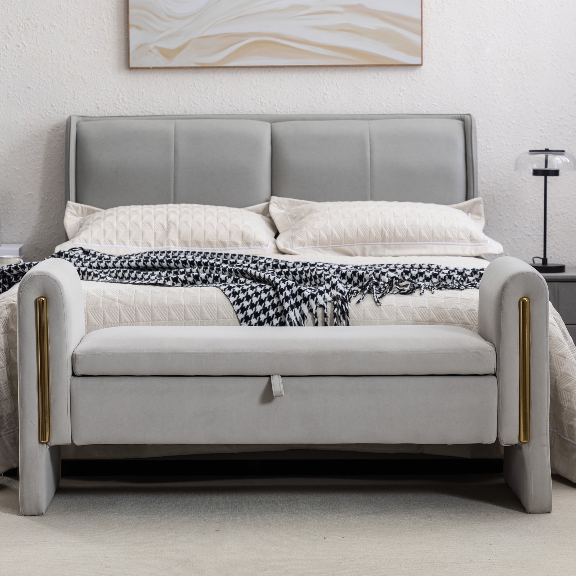 Gray Velvet Storage Seat For Bedroom And Living Room - Solid Pattern ...
