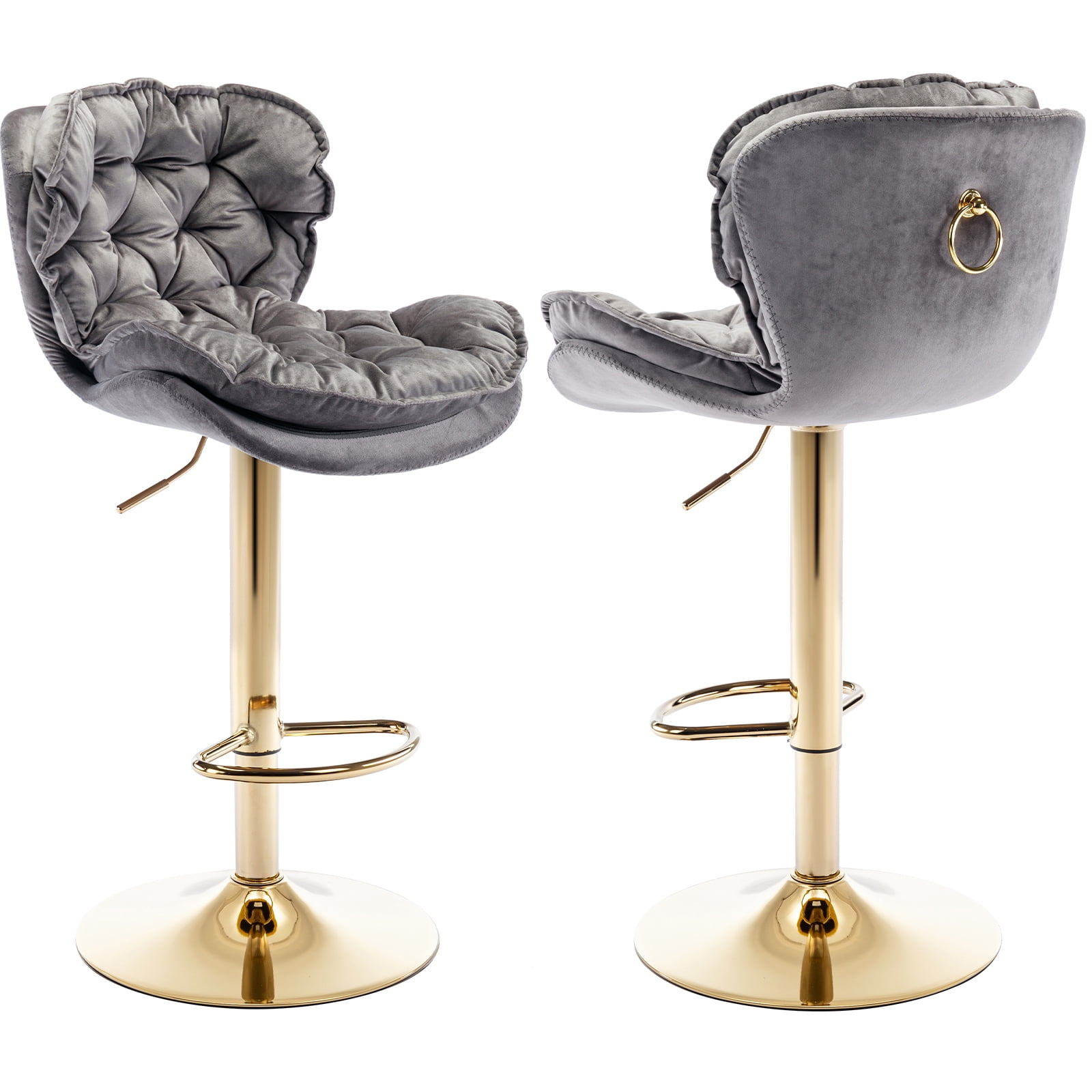 Gray Velvet Swivel Bar Stools Set of 2 with Upholstered Back, 25-33 ...