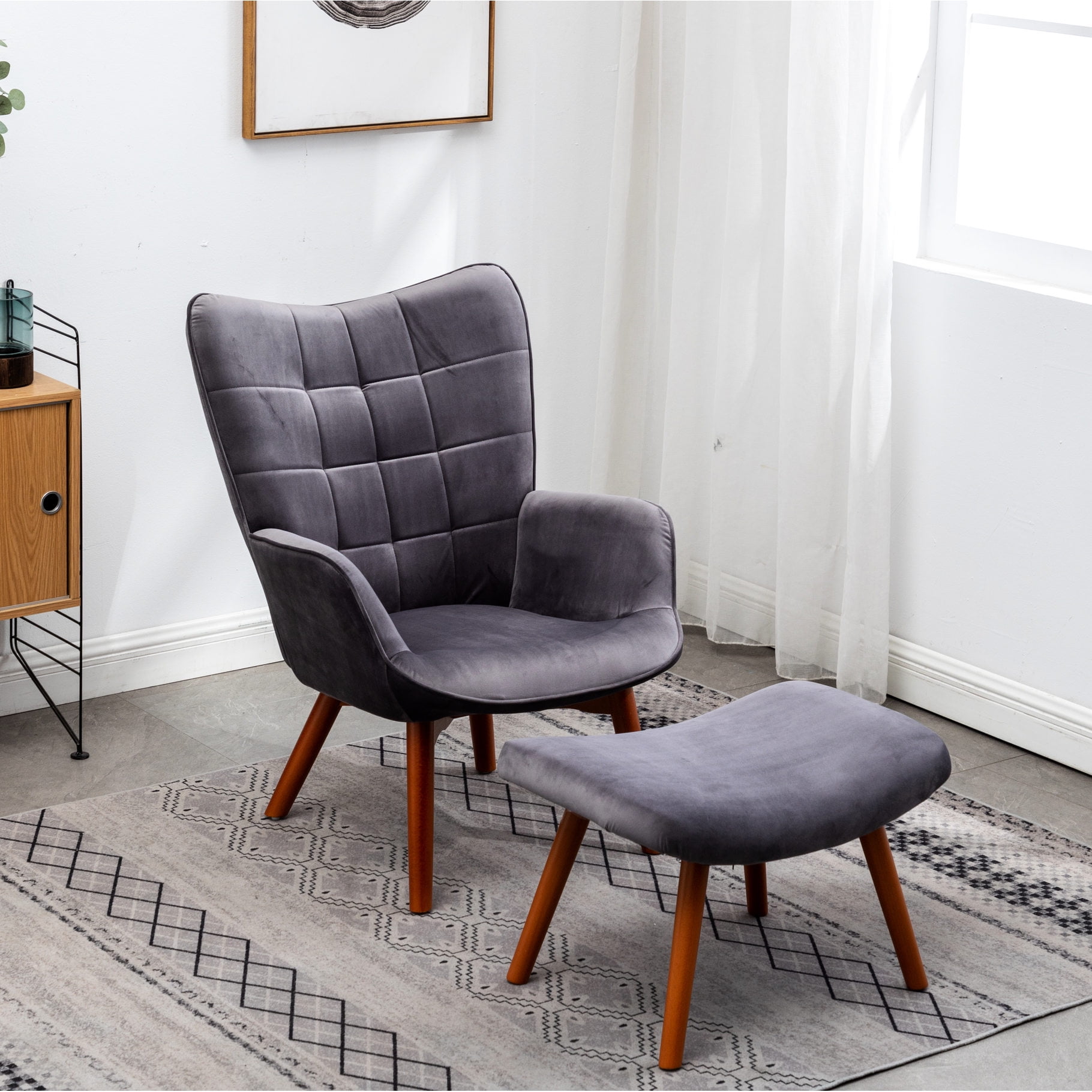 Gray Velvet Upholstered Accent Chair with Matching Ottoman | Welt Trim ...