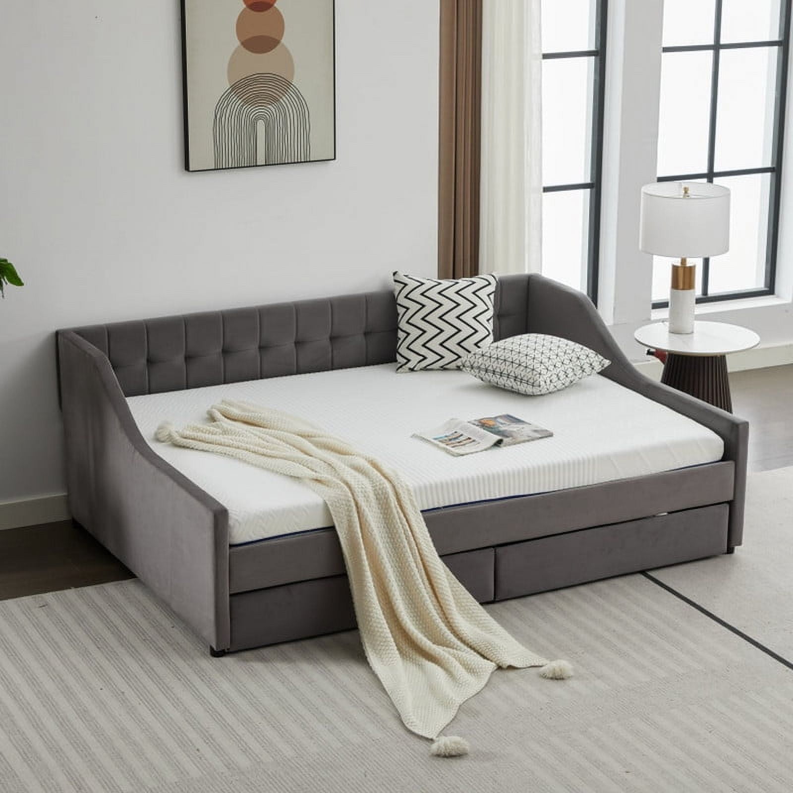 Gray Velvet Upholstered Daybed Corner Sofa Bed with Storage Drawers ...