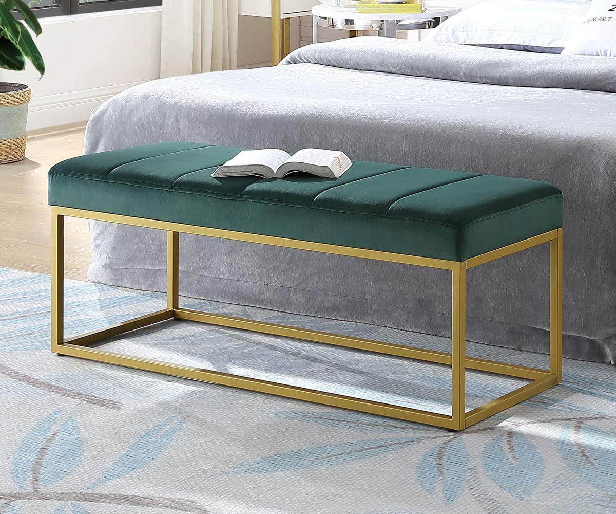 Gray Velvet Upholstered End of Bed Bench with Metal Frame Tufted ...