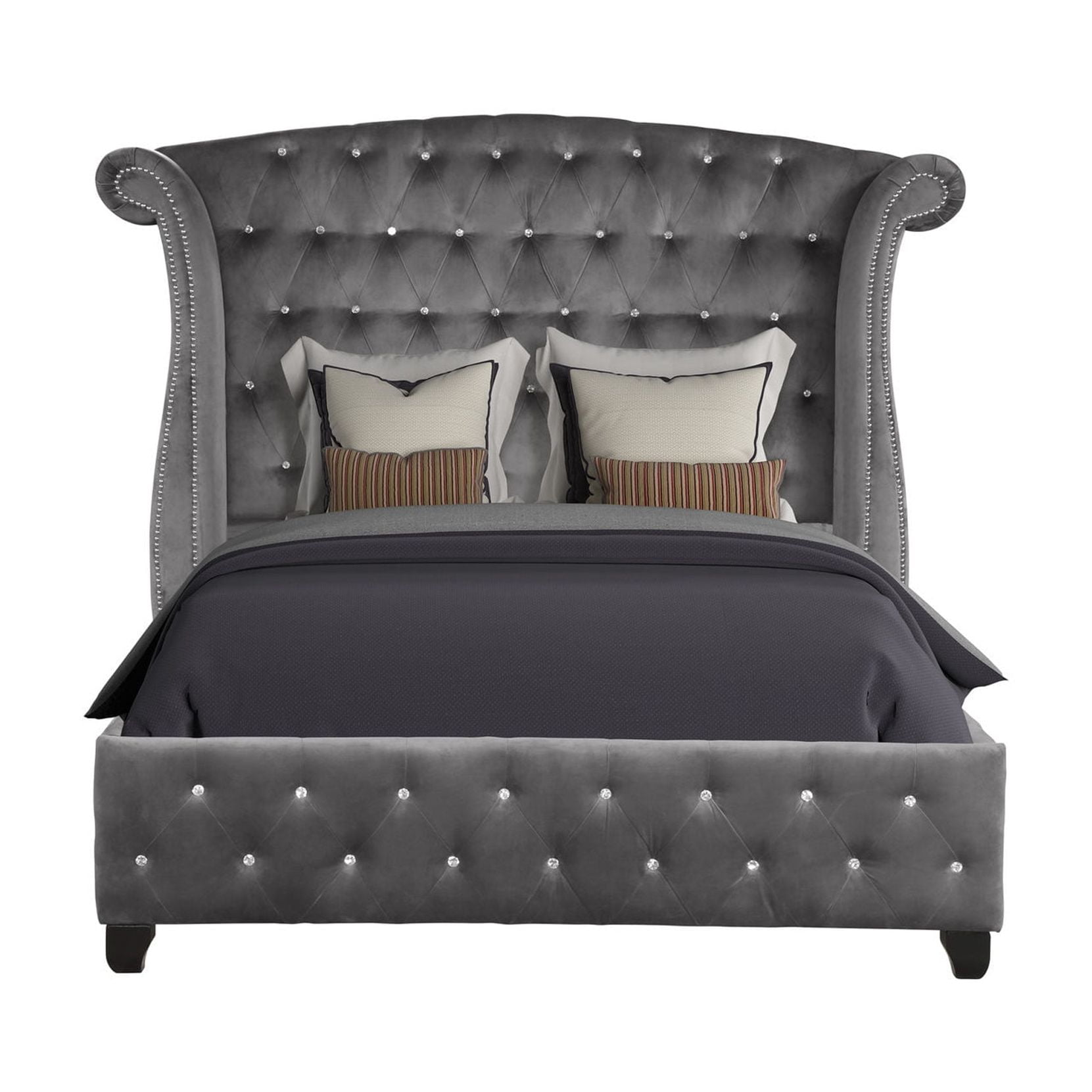 Gray Velvet Upholstered Full Bed with Crystal Tufted Accents / Elevate ...