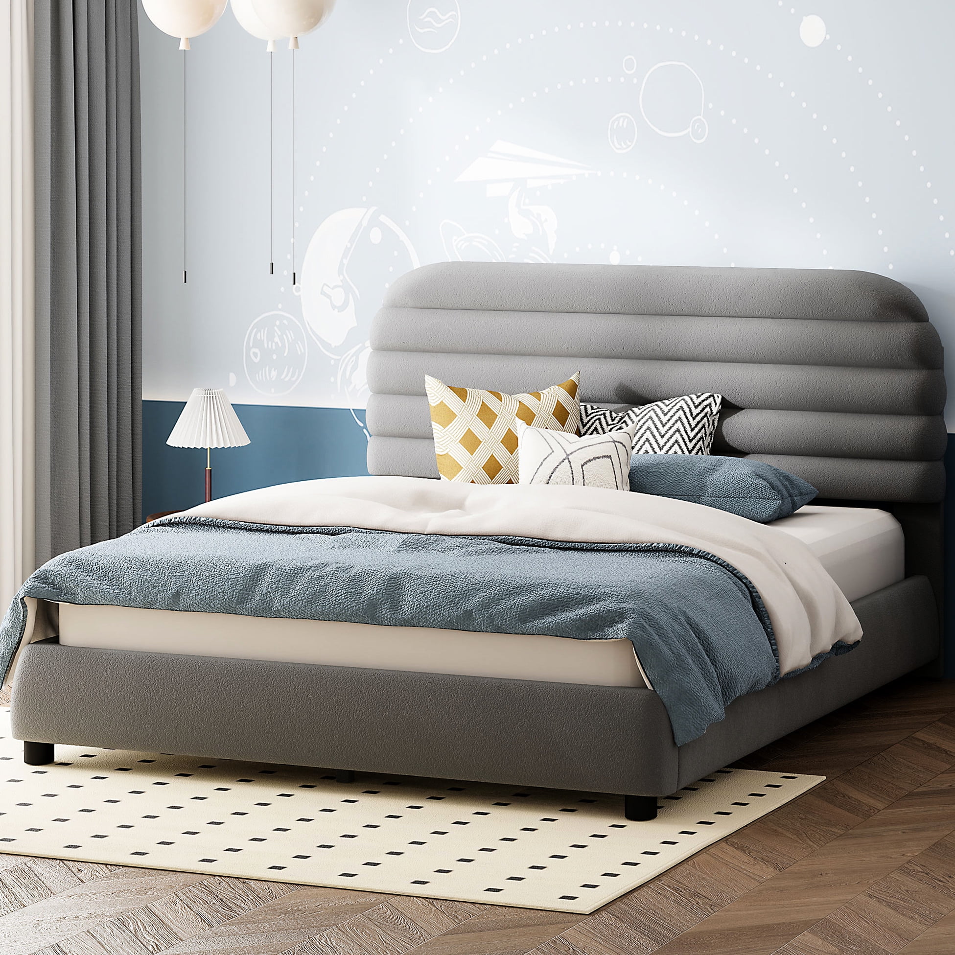 Gray Velvet Upholstered Platform Queen Bed With Contemporary Style Chic ...
