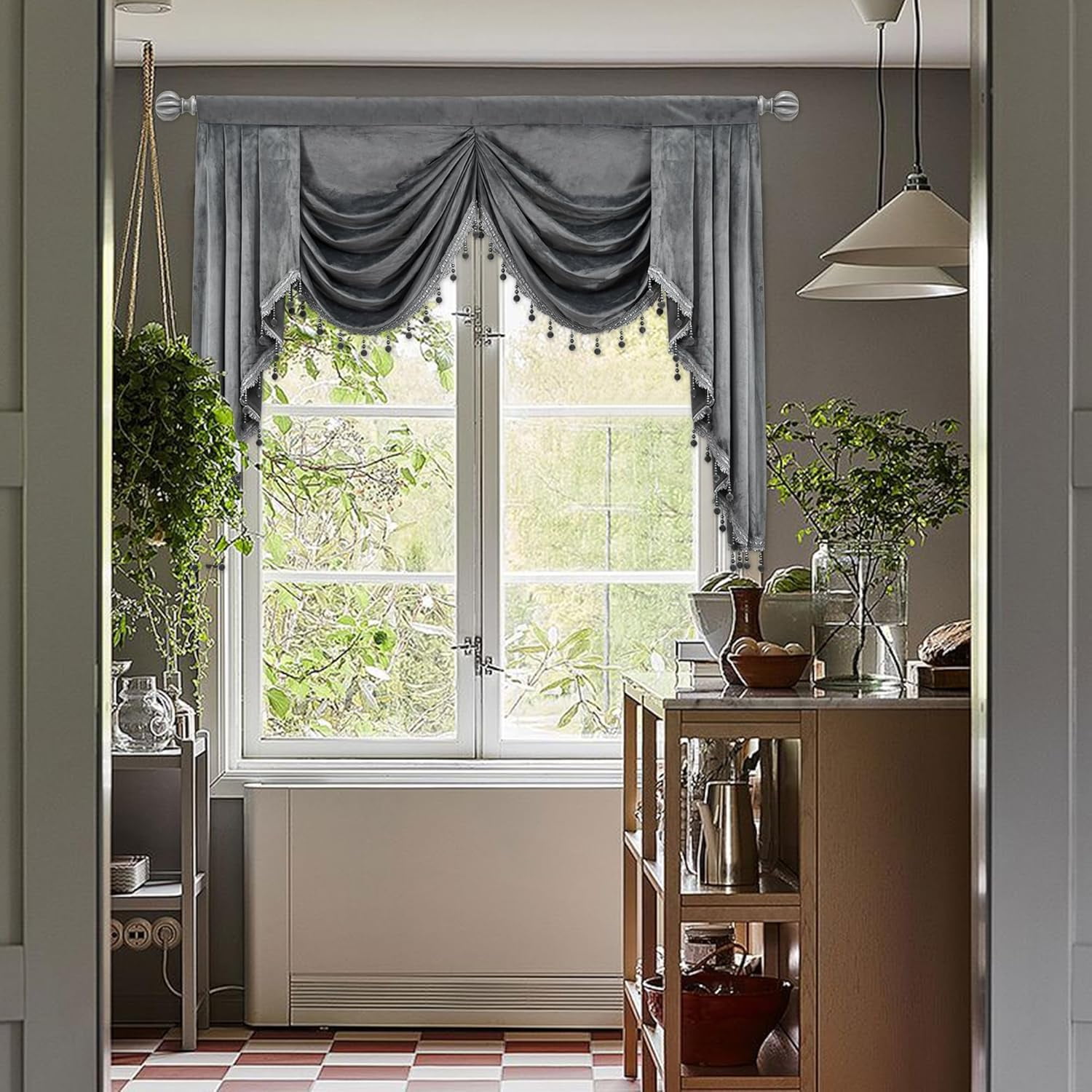 Gray Velvet Waterfall Valance for Window - Rod Pocket Valances for ...