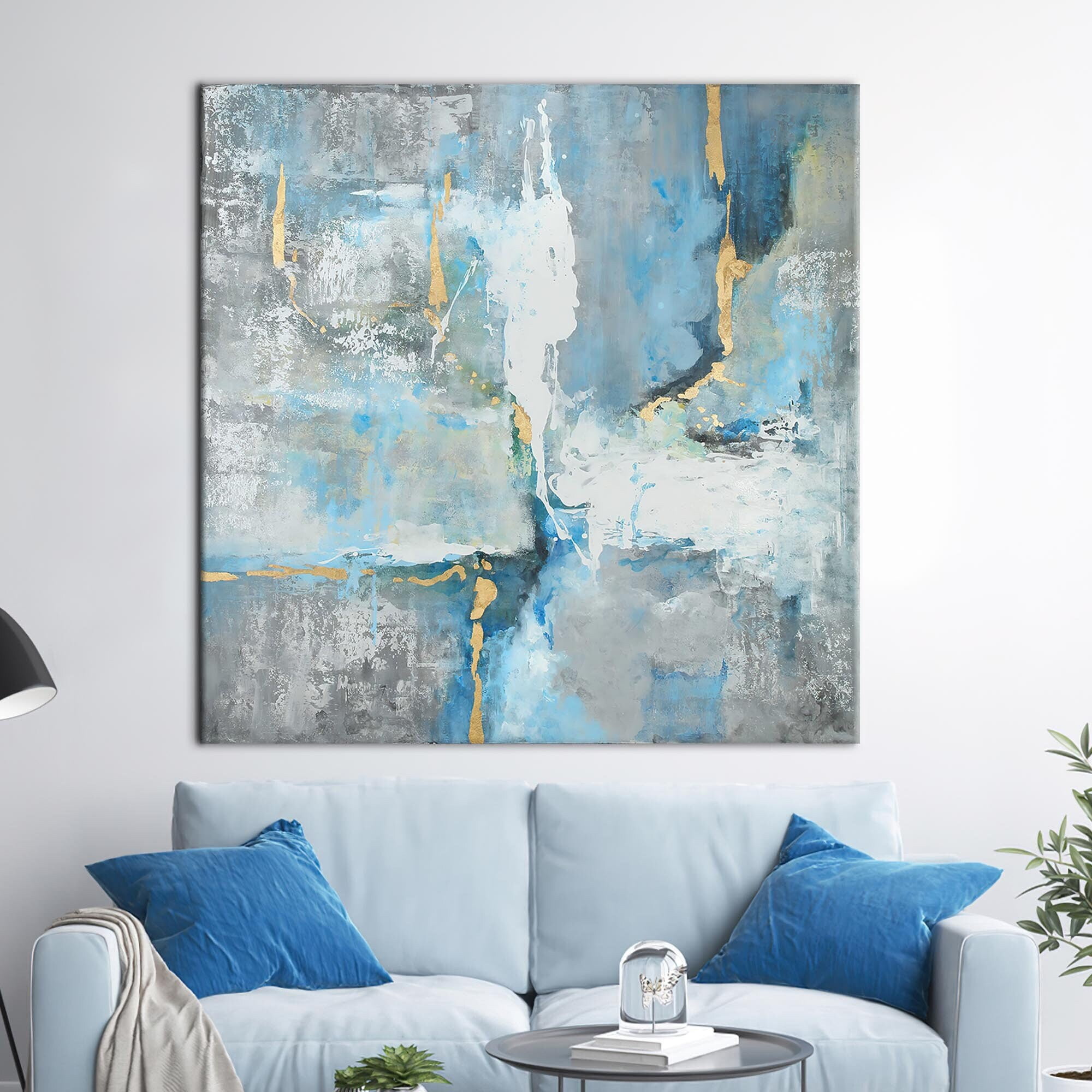 Gray Wall Decor, Abstract Printed Canvas, Blue Art, Old Plaster Effect ...