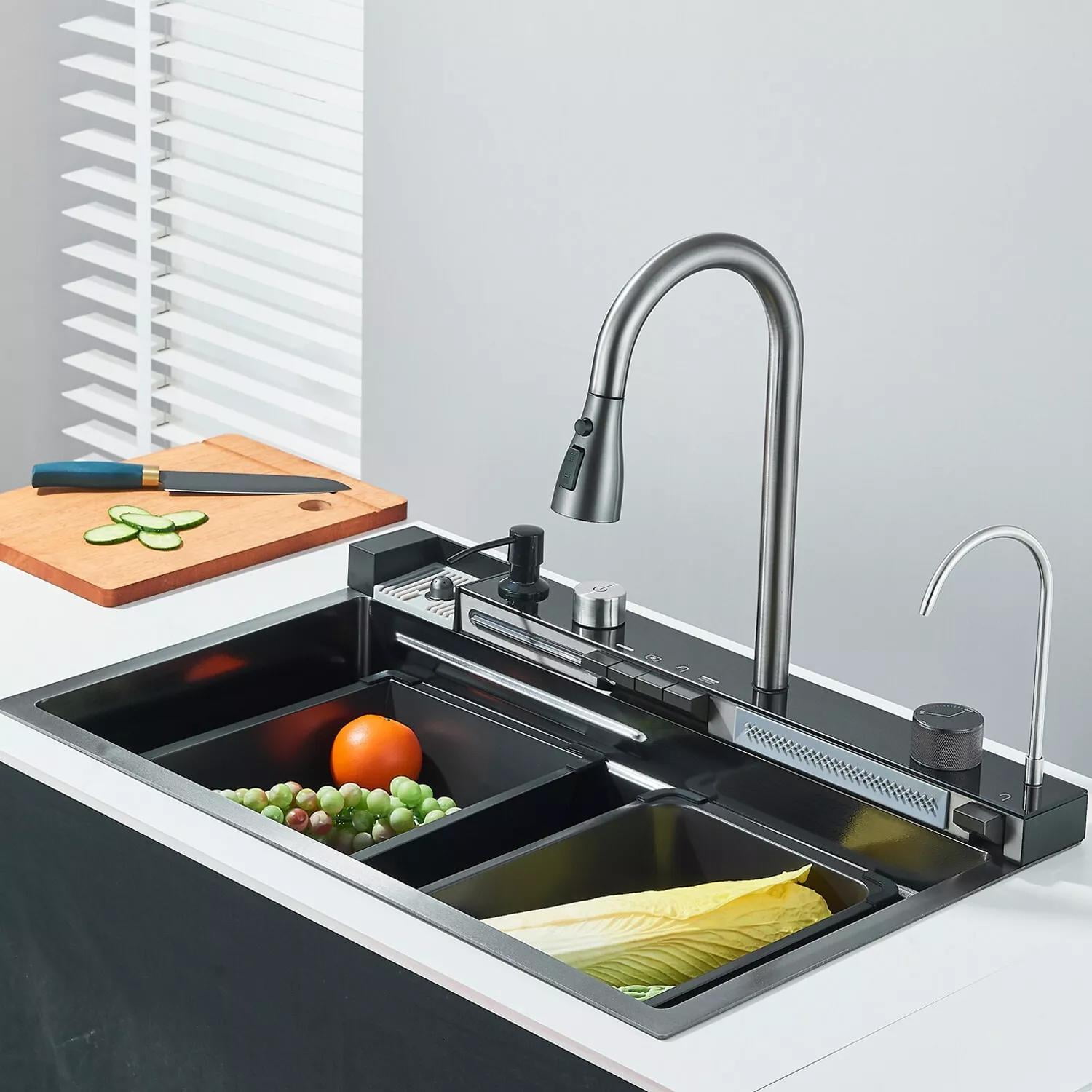 Gray Waterfall Family/Home Kitchen Sink Stainless Steel Pull-Out Faucet ...