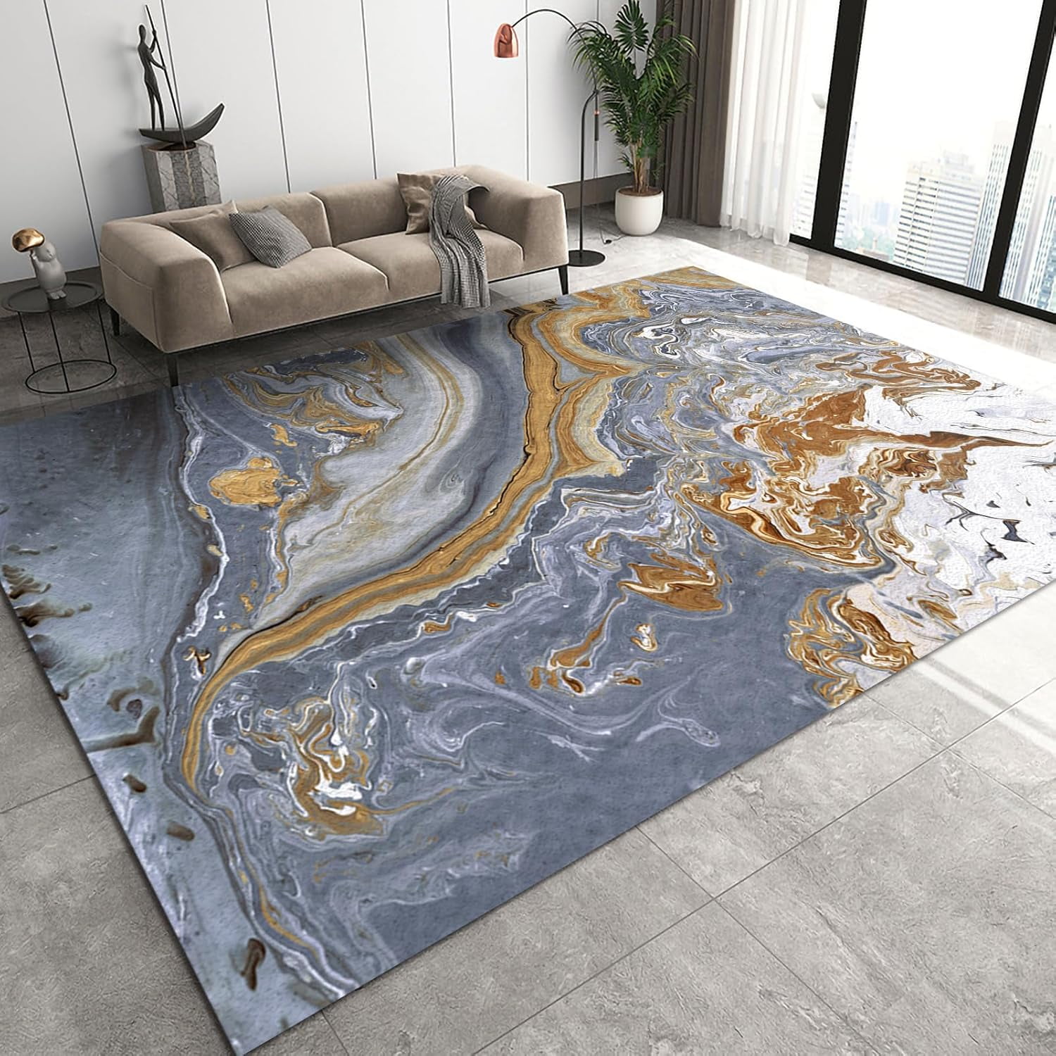 Gray And White Abstract Marble Area Rugs, Modern Fluid Art Machine ...