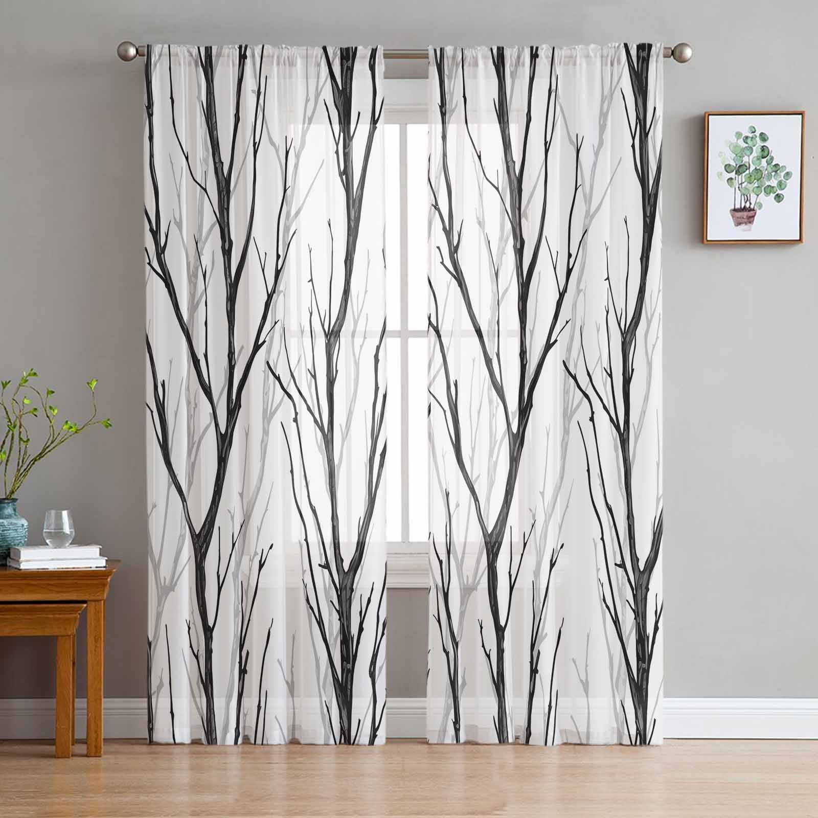Gray White Birch Tree Branches Sheer Curtains for Living Room ration ...