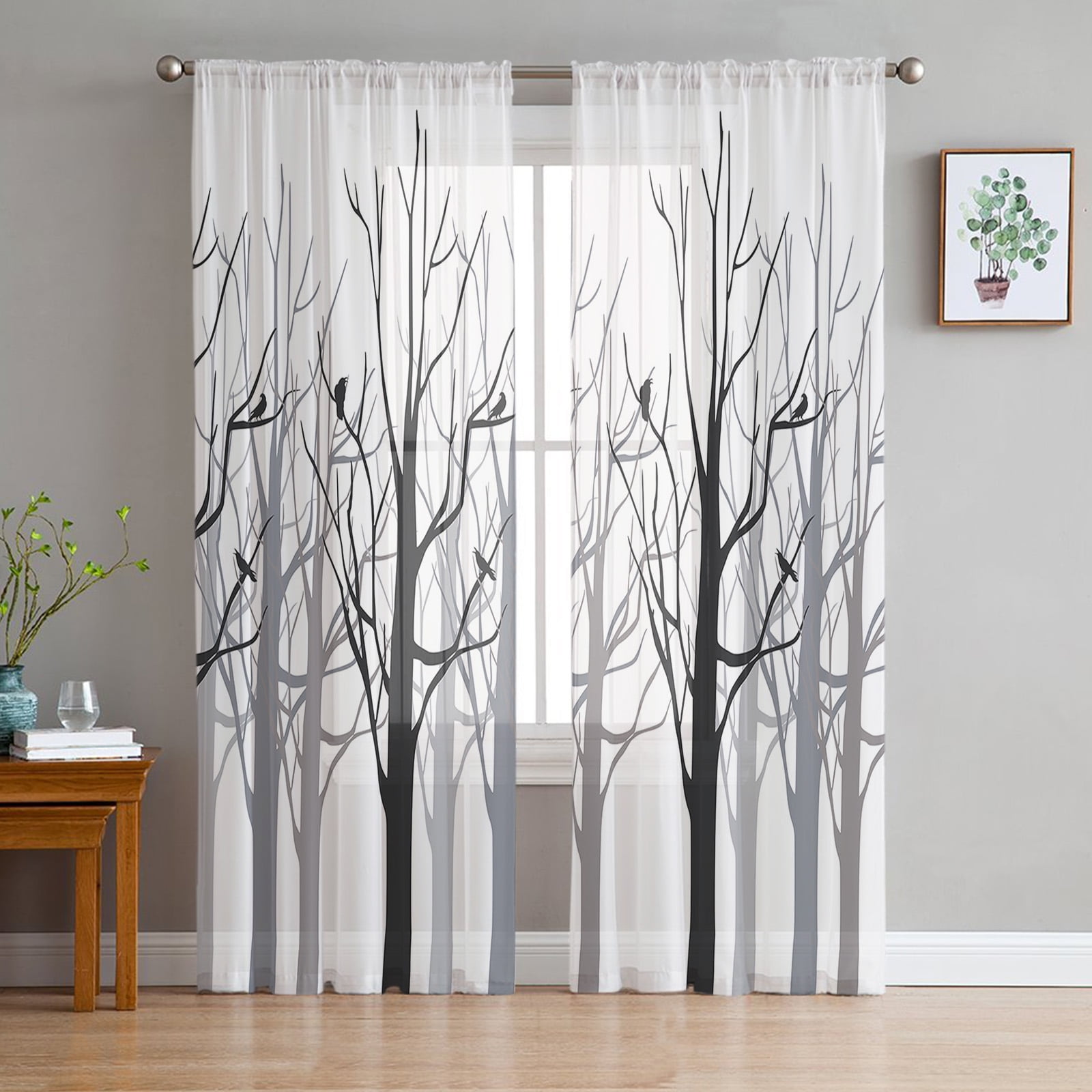 Gray White Birch Tree Branches Sheer Curtains for Living Room ration ...