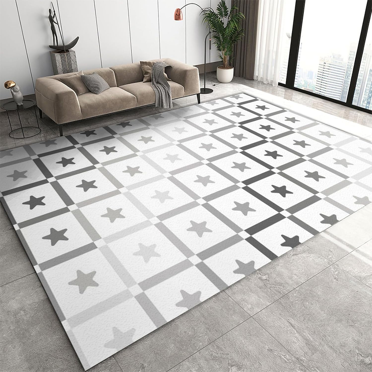 Gray White Gradient Square Lattice Print Rug ，Modern Geometry Pentagram ...