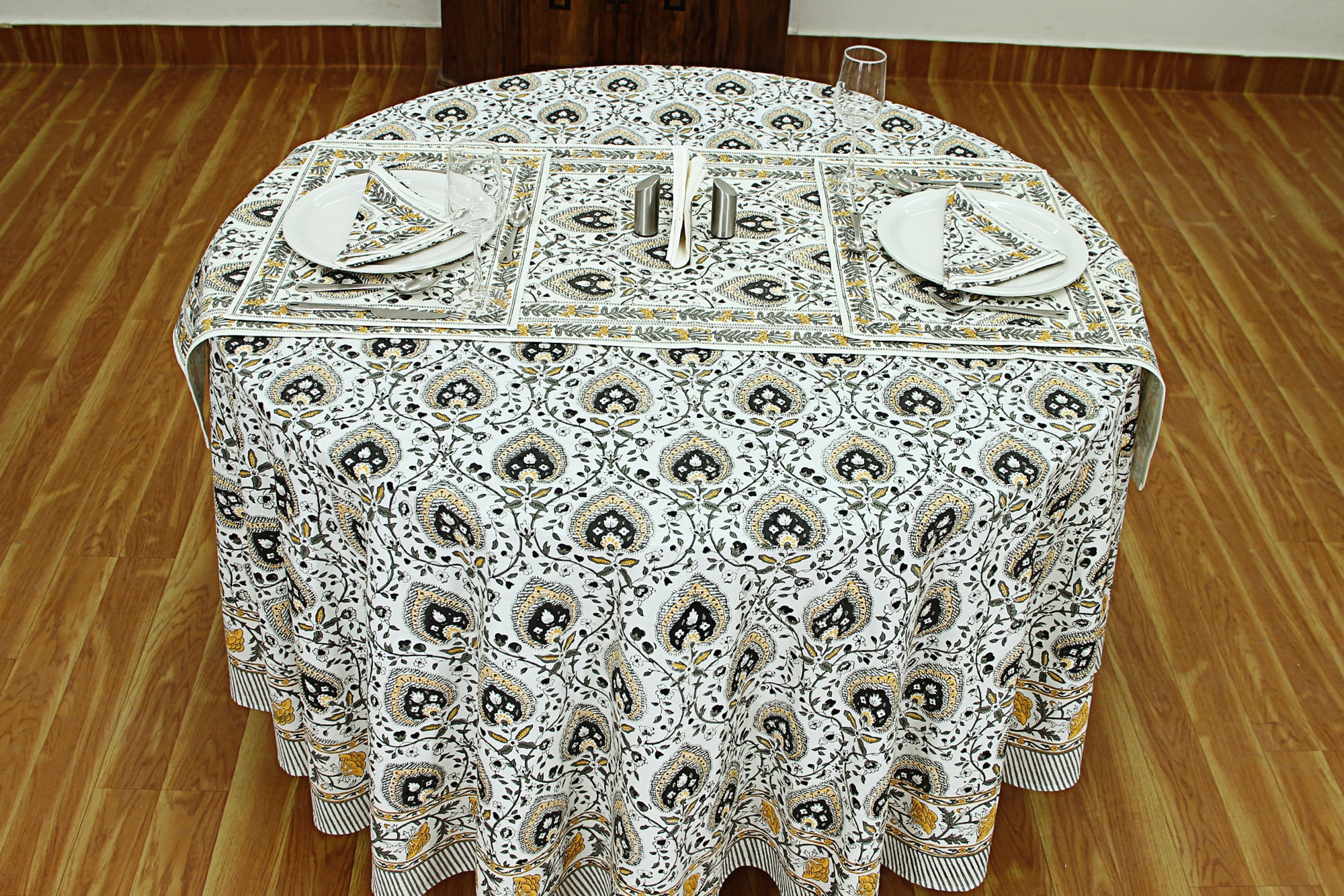 Gray & White Hand Block Printed Table Cover, Round Tablecloth, Luxury Cotton Tablecloth, Dining ...