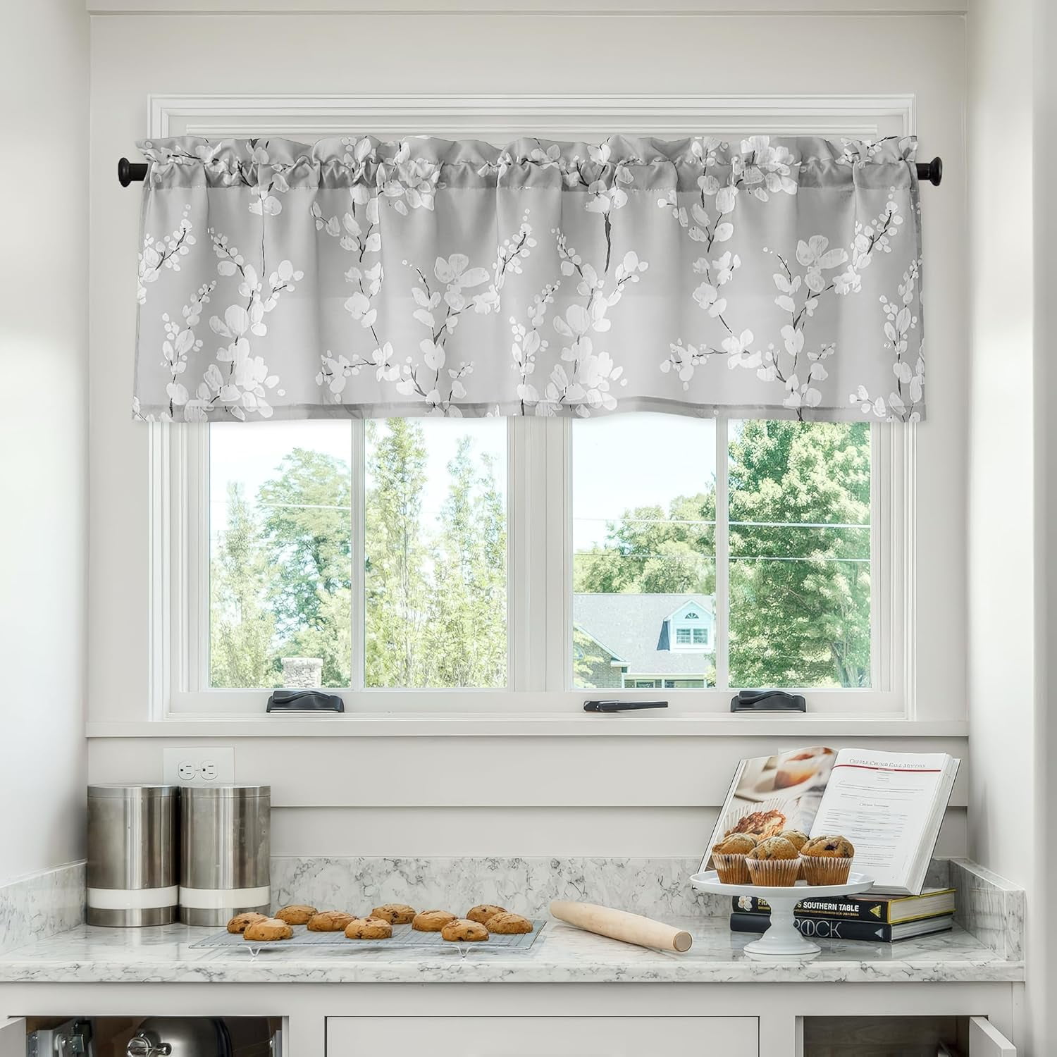 Gray-White Kitchen Valance Curtain 15-inches Length Blossom Print ...