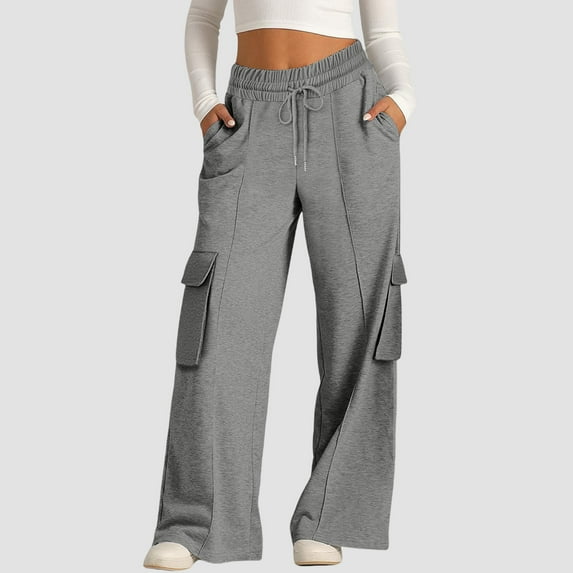 Gray Wide Leg Sweatpants Women's Fashion Solid Color Waist Wide Leg ...