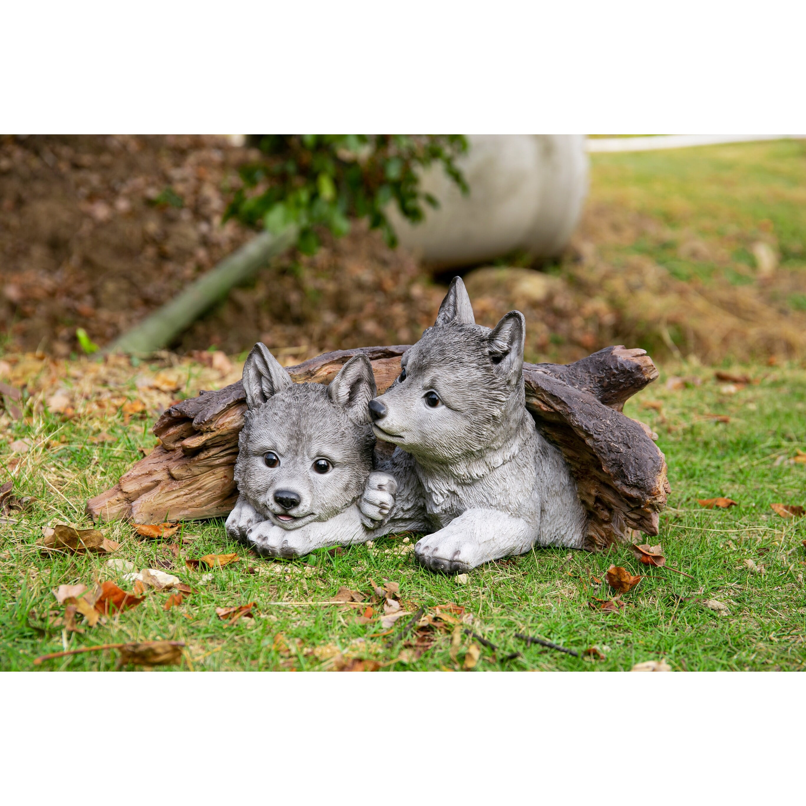Gray Wolf Cubs Hiding Under Log Statue - Walmart Business Supplies