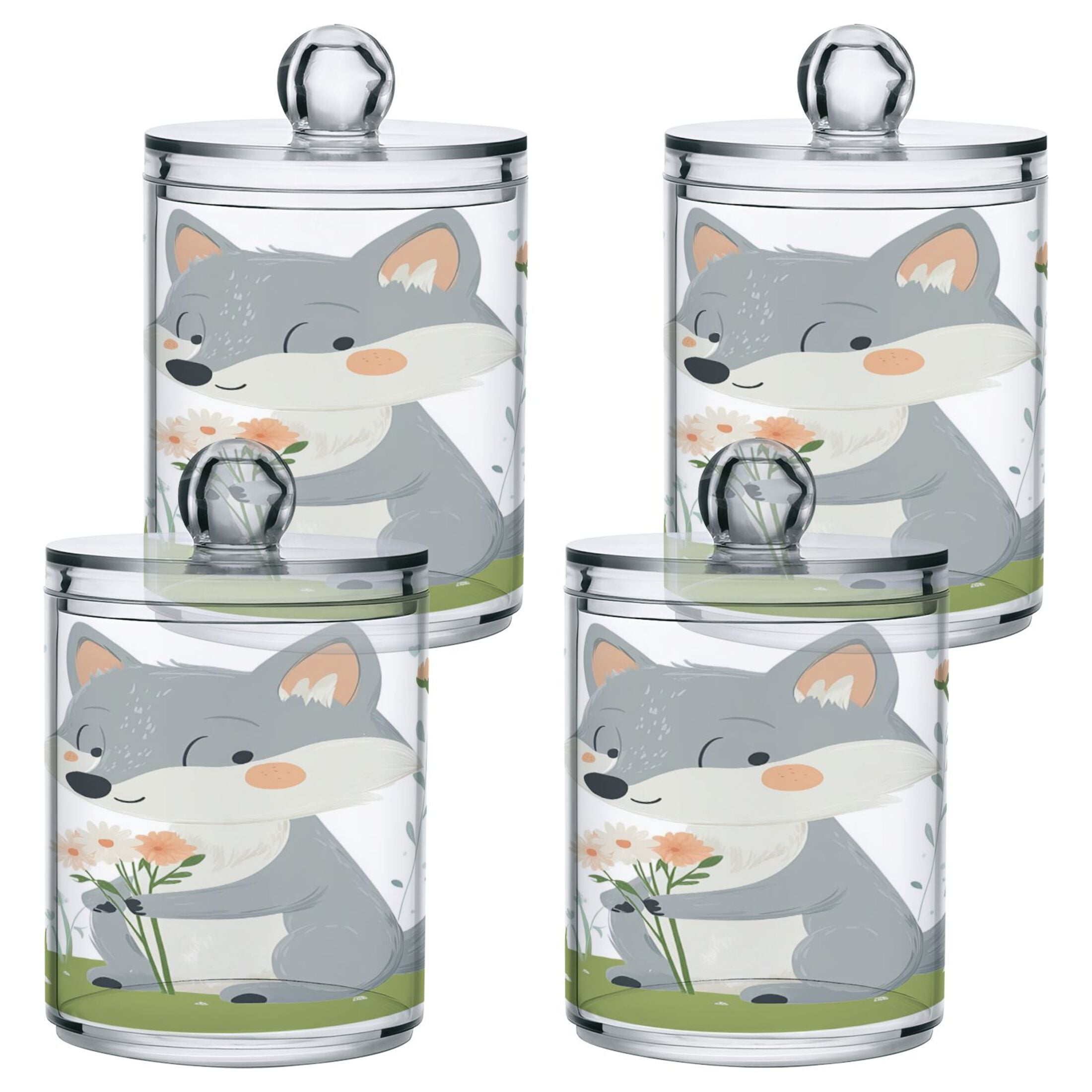 Gray Wolf Hug Flowers Translucent Plastic Cans Storage Canisters with ...