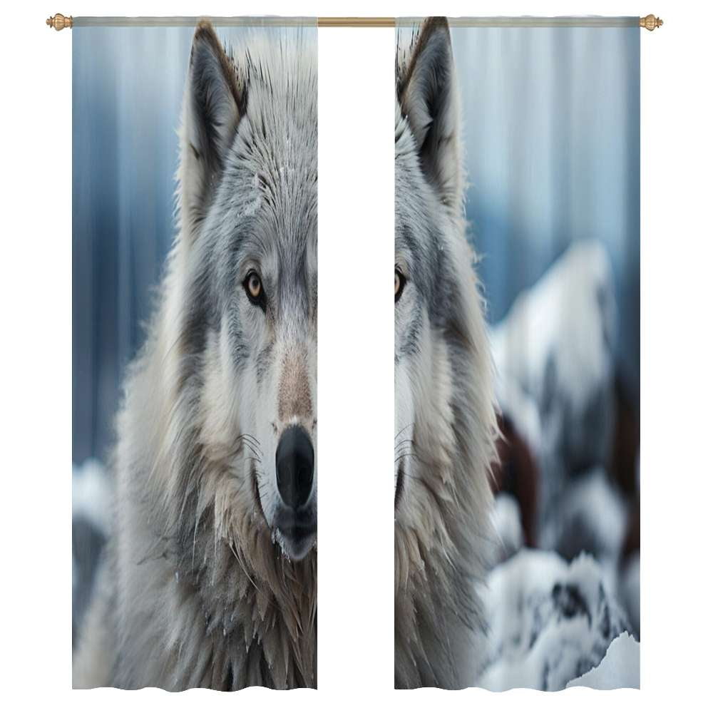 Gray Wolf In Snow Sheer Voile Curtain Window Tulle Curtains For Living ...