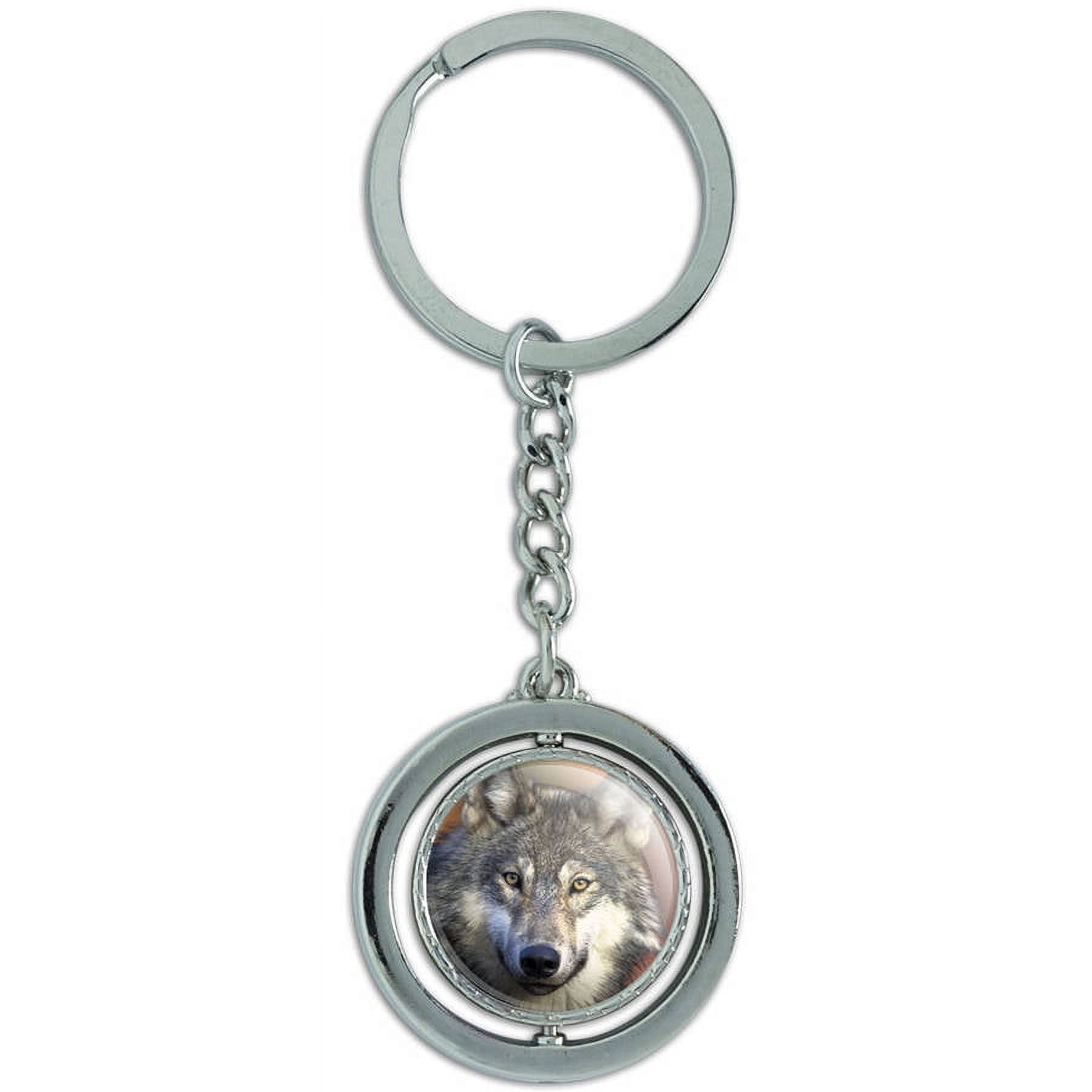 Gray Wolf With Fall Background Spinning Round Metal Key Chain Keychain ...