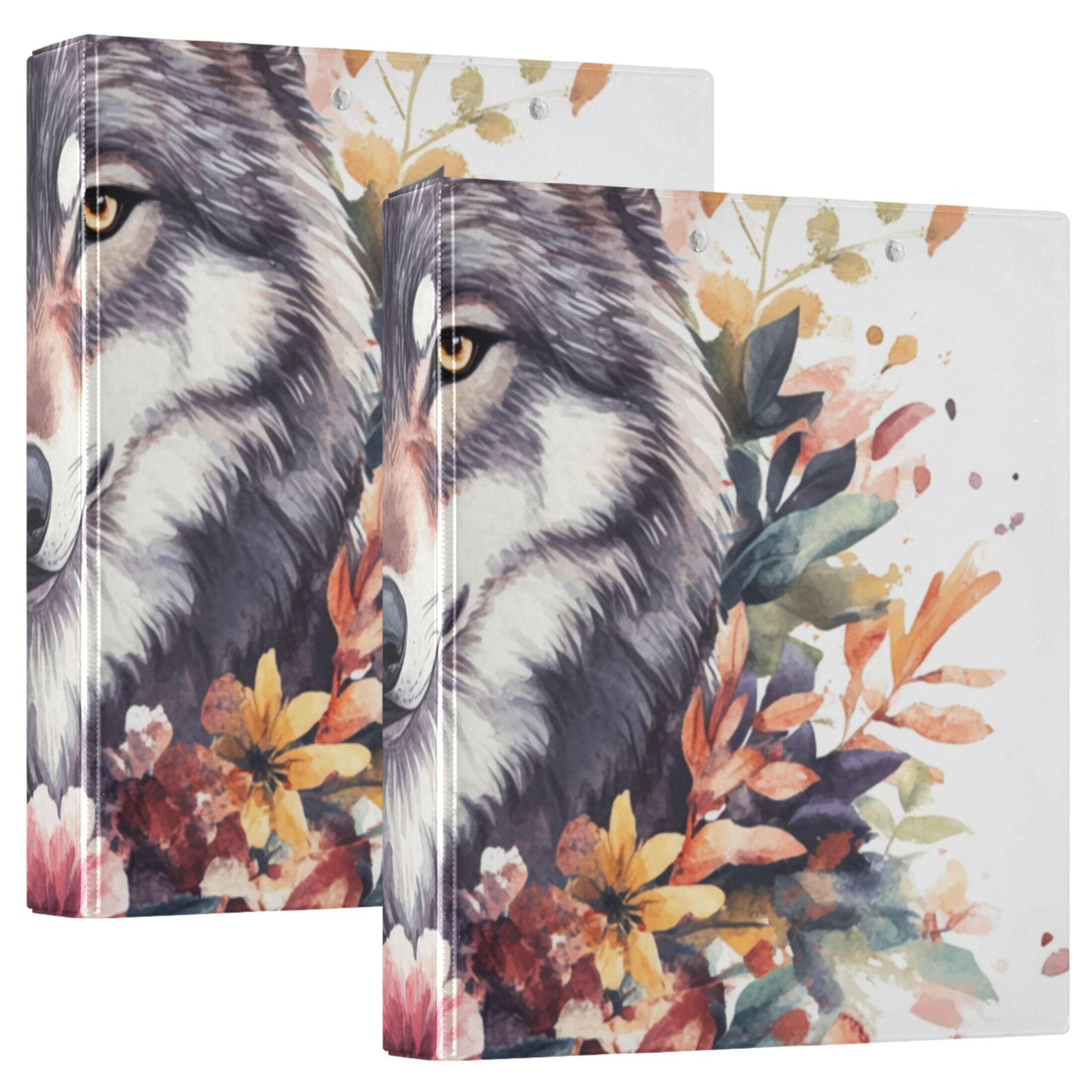 Gray Wolf in Flowers Watercolor Round Ring Binder 3 Rings 1.5" Capacity ...