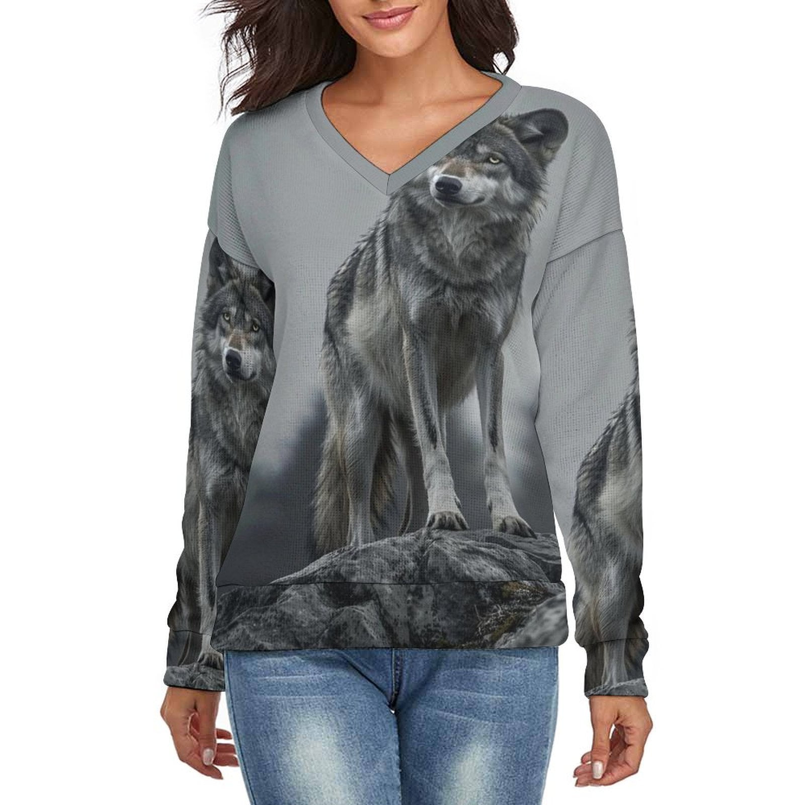 Gray Wolf on Rock V-neck Sweater Winter Clothes Long Sleeve Knitwear ...