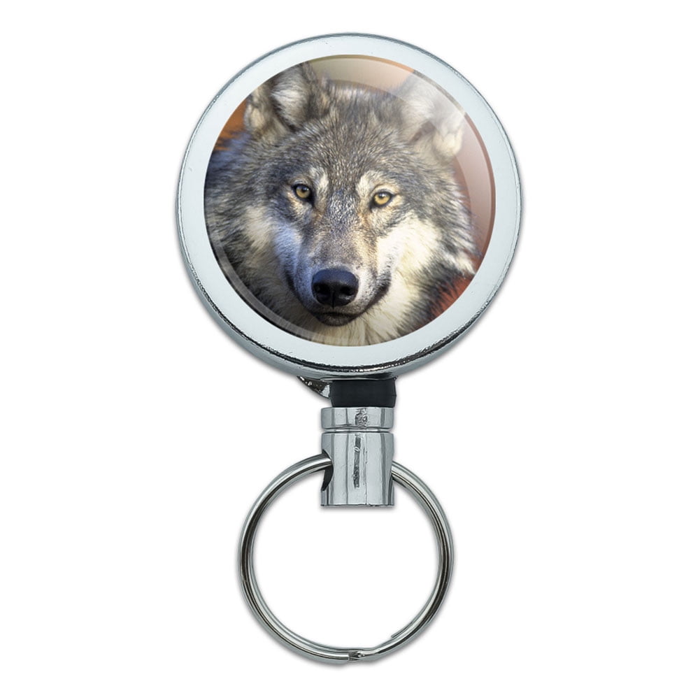 Gray Wolf with Fall Background Retractable Belt Clip Badge Key Holder ...