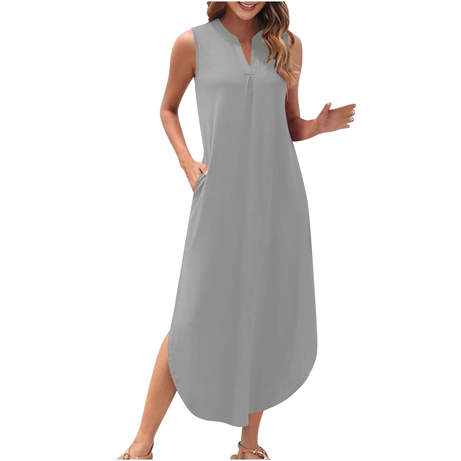Gray Women Hawaiian Tropical Basic Maxi Long Loose Fit Dress Sundresses ...