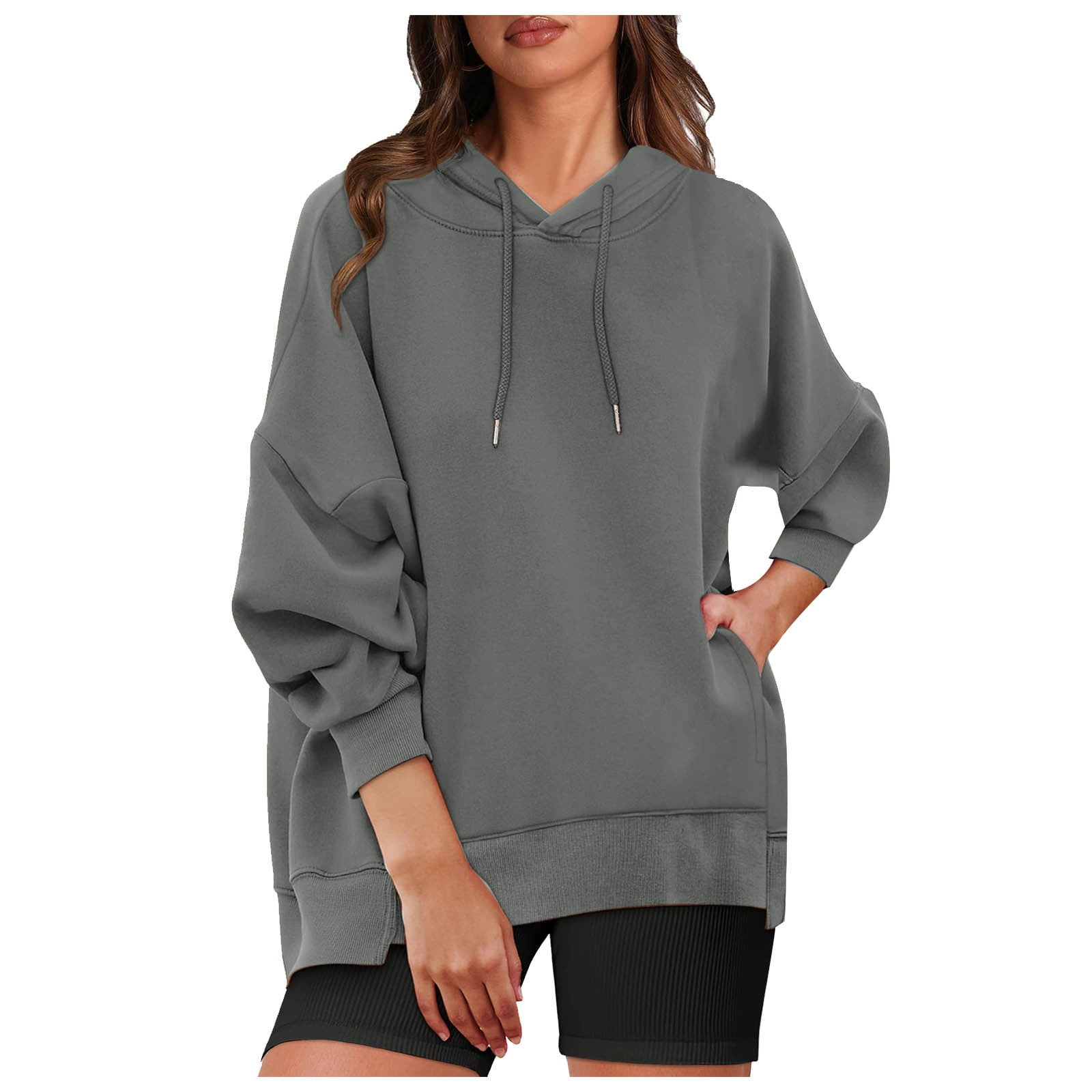 Gray Women with Hood Plain Loose Fit Oversized Hoods Outfit Sweatshirt ...