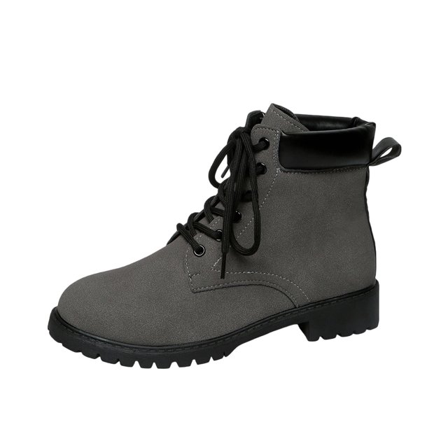 Gray Women Lace Up Ankle Boots Gray Suede Material Chunky Heel Low Top ...
