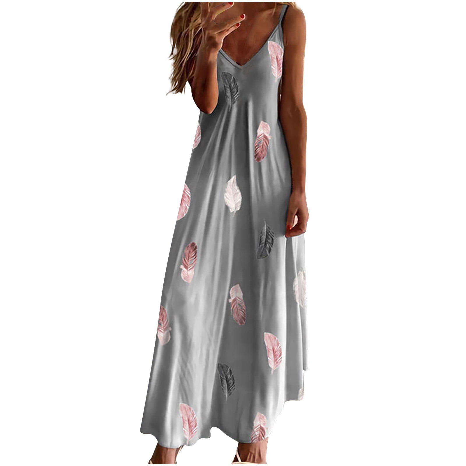 Gray Women Maxi Long Sun Dresses Floral Graphic Loose Fit Dress Sun ...