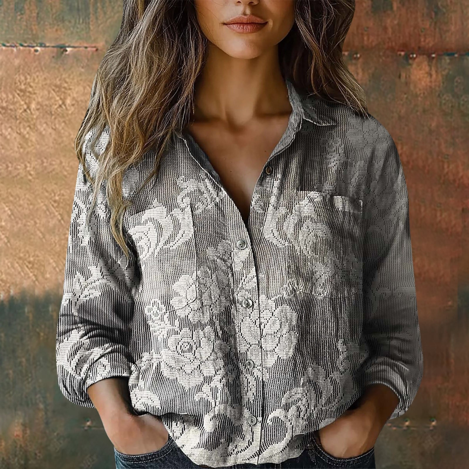 Gray Women Shirts, Women Cotton Shirt Printed Fashion Button Down ...