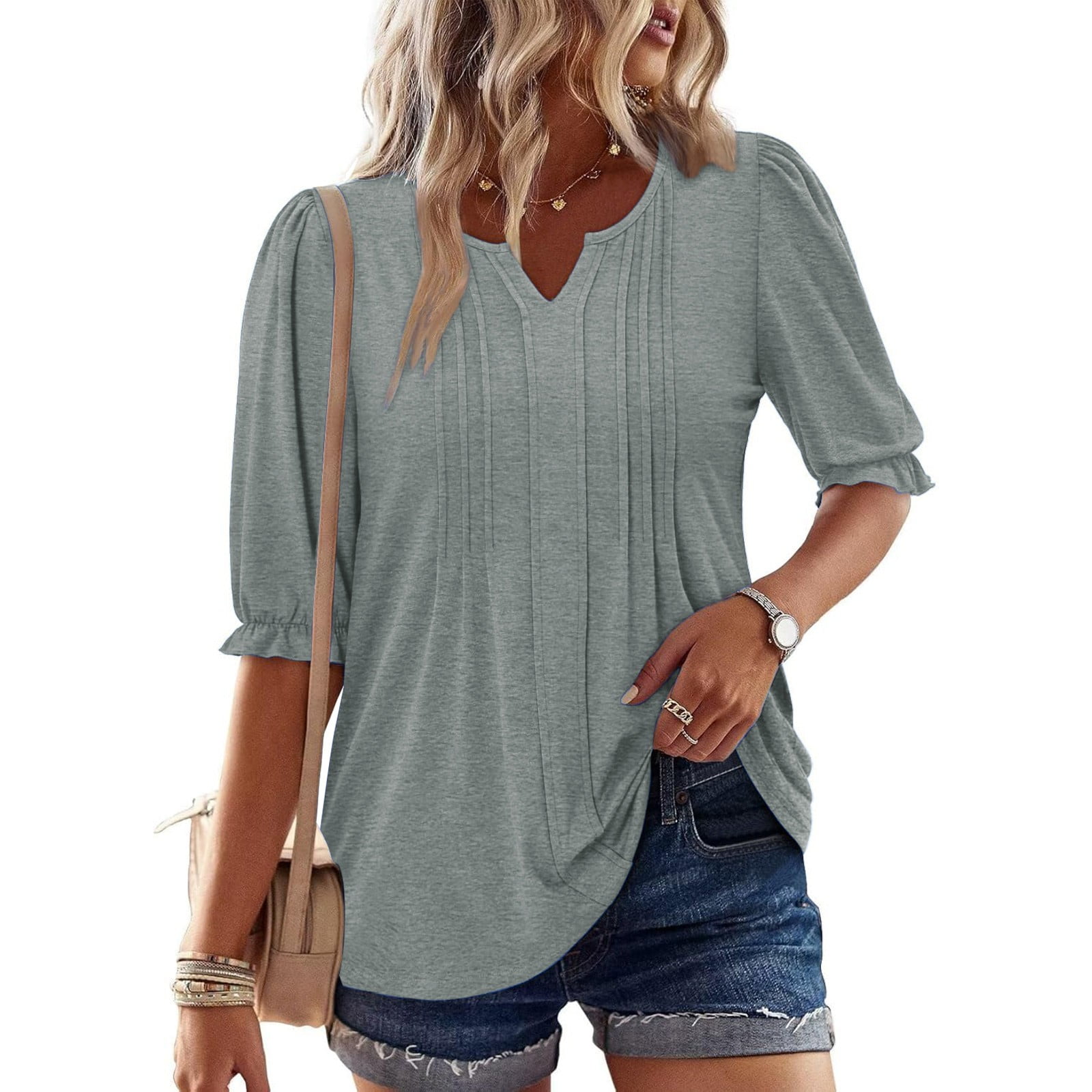 Gray Womens Blouses Womens Puff Half Sleeve Summer Tunic Tops Casual ...