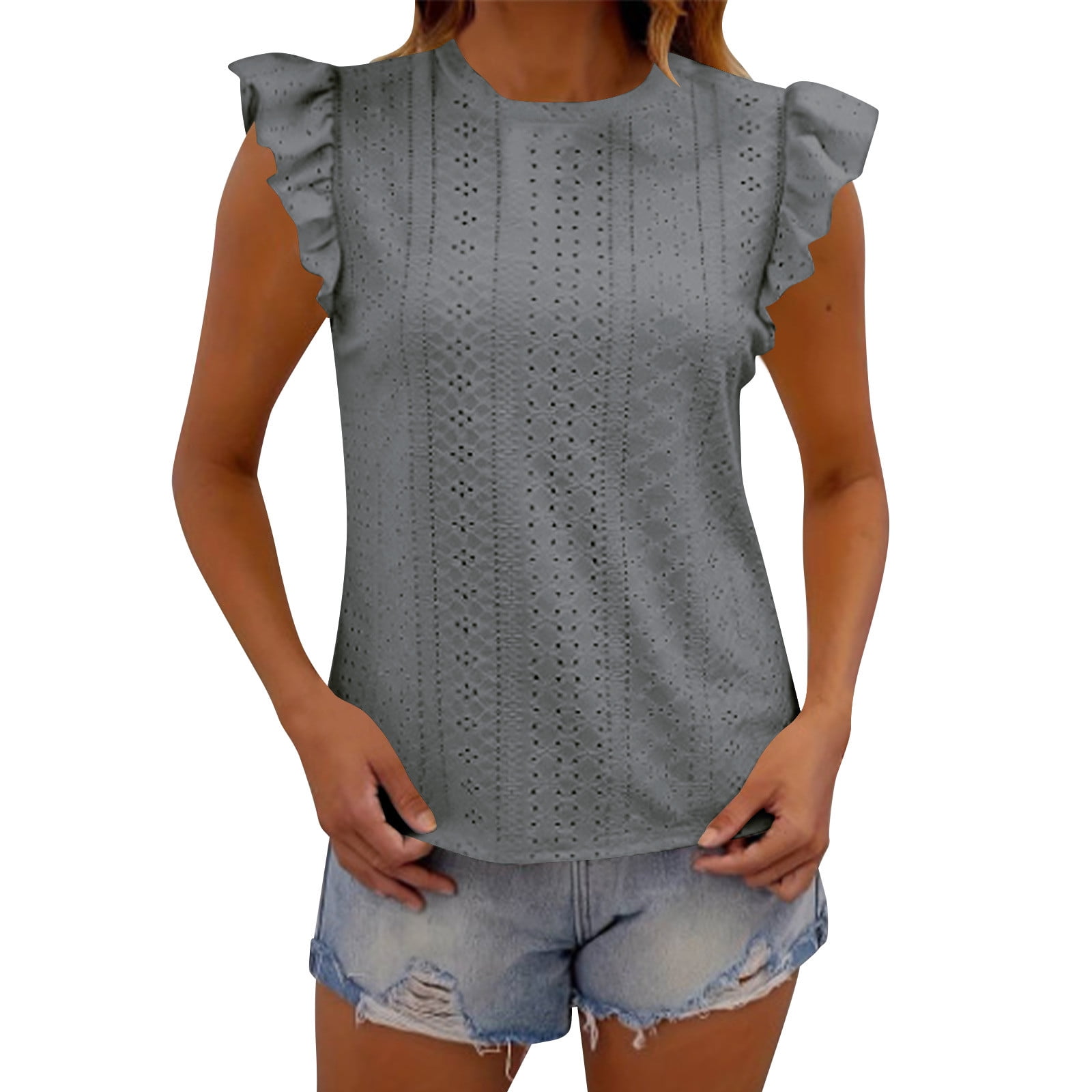 Gray Womens Boat Neck Spandex Tops Casual Blouses for Ladies Cap Short ...
