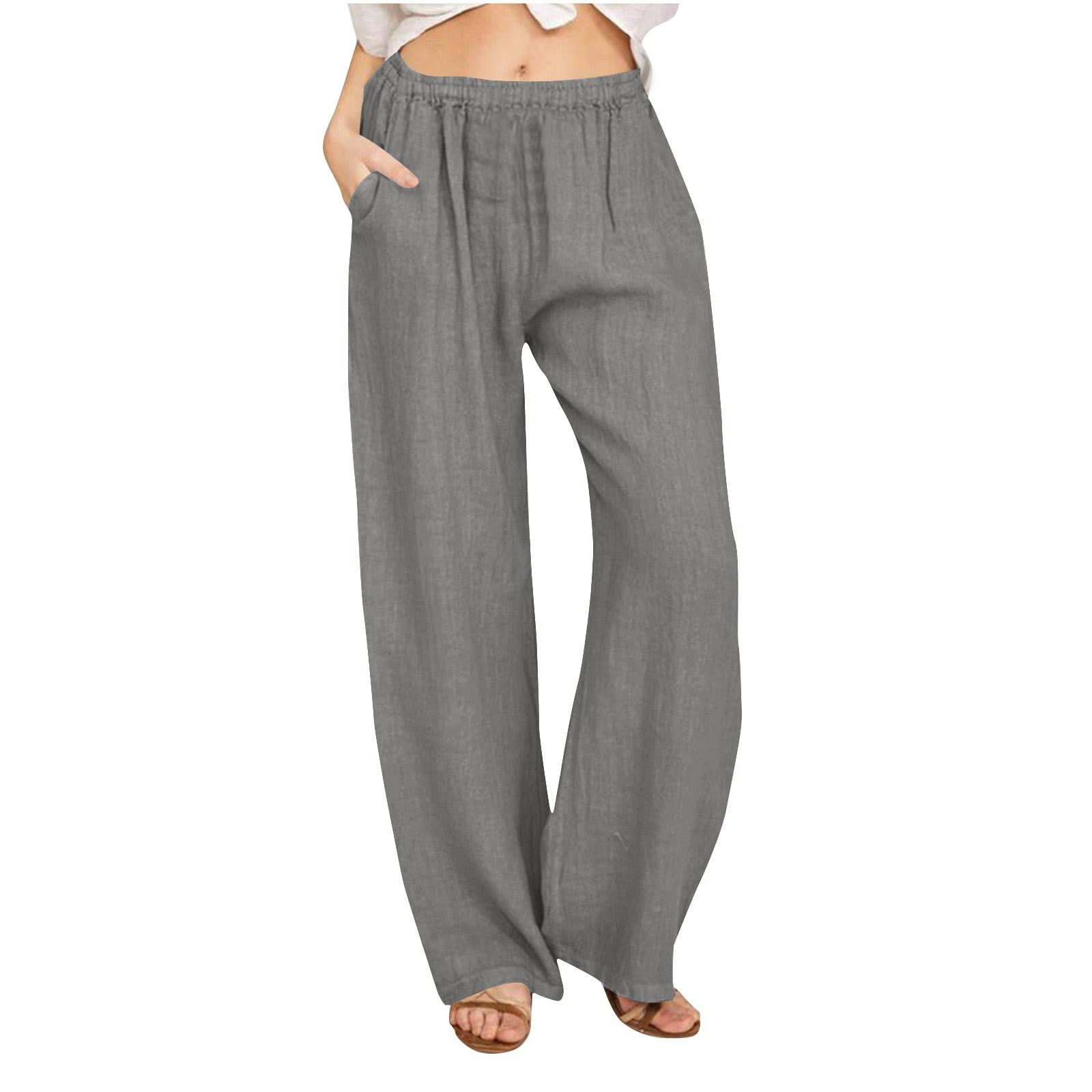 Gray Womens Loose Fit Pants for Ladies Faux Linen Brunch High Cut ...