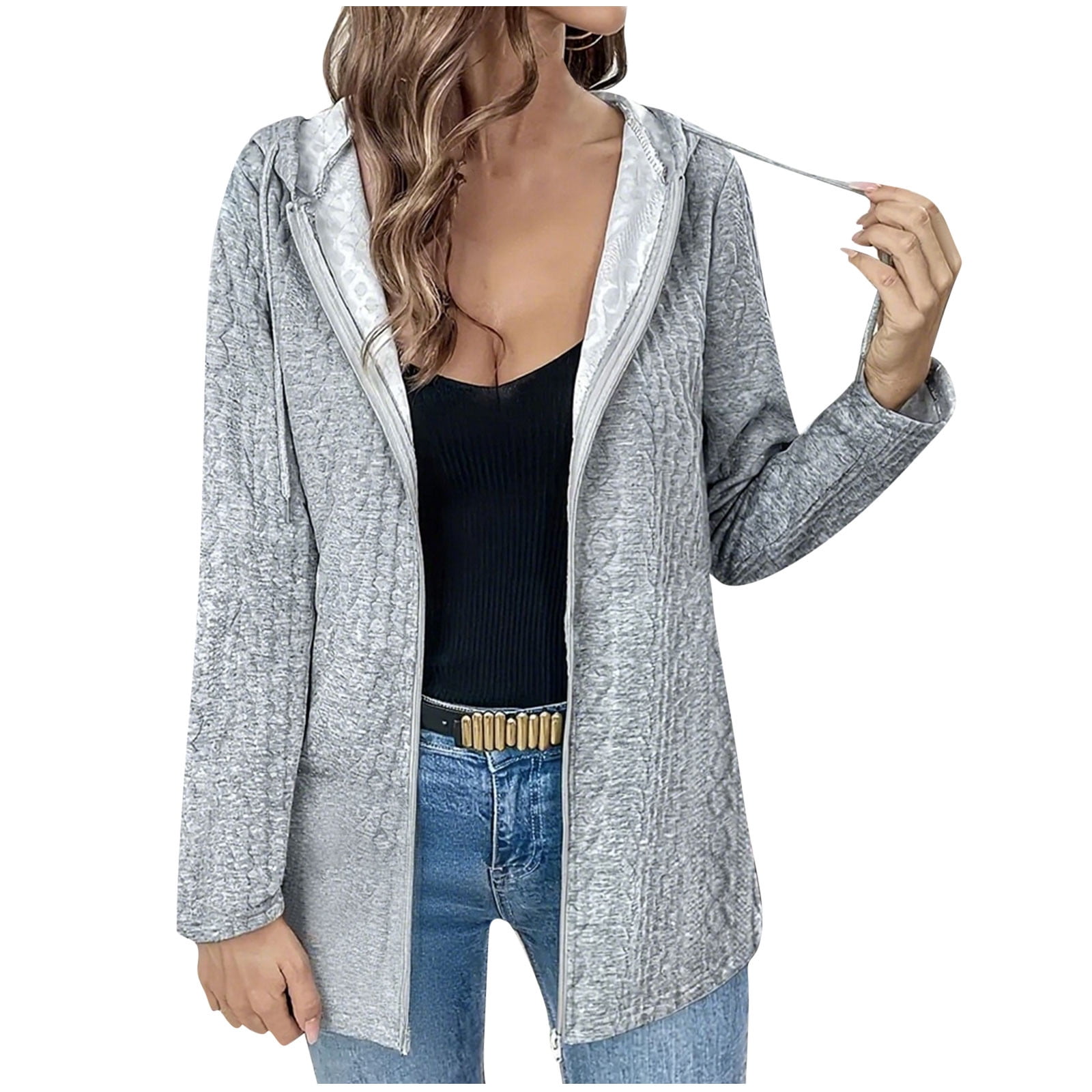 Gray Womens Loose Fit Spandex Jacket Hood Coats for Women Long Sleeve ...