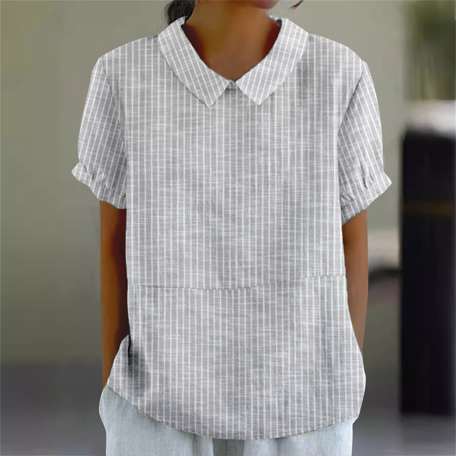 Gray Womens Tops Womens Summer Tops Lapel Retro Striped Back Button ...