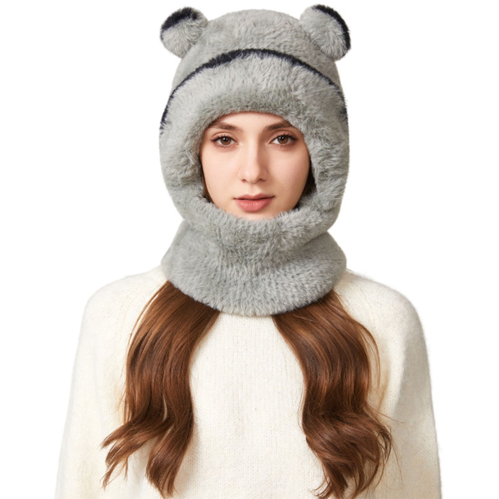 Gray Womens Winter Balaclava Hat With Integrated Scarf For Cold Weather ...