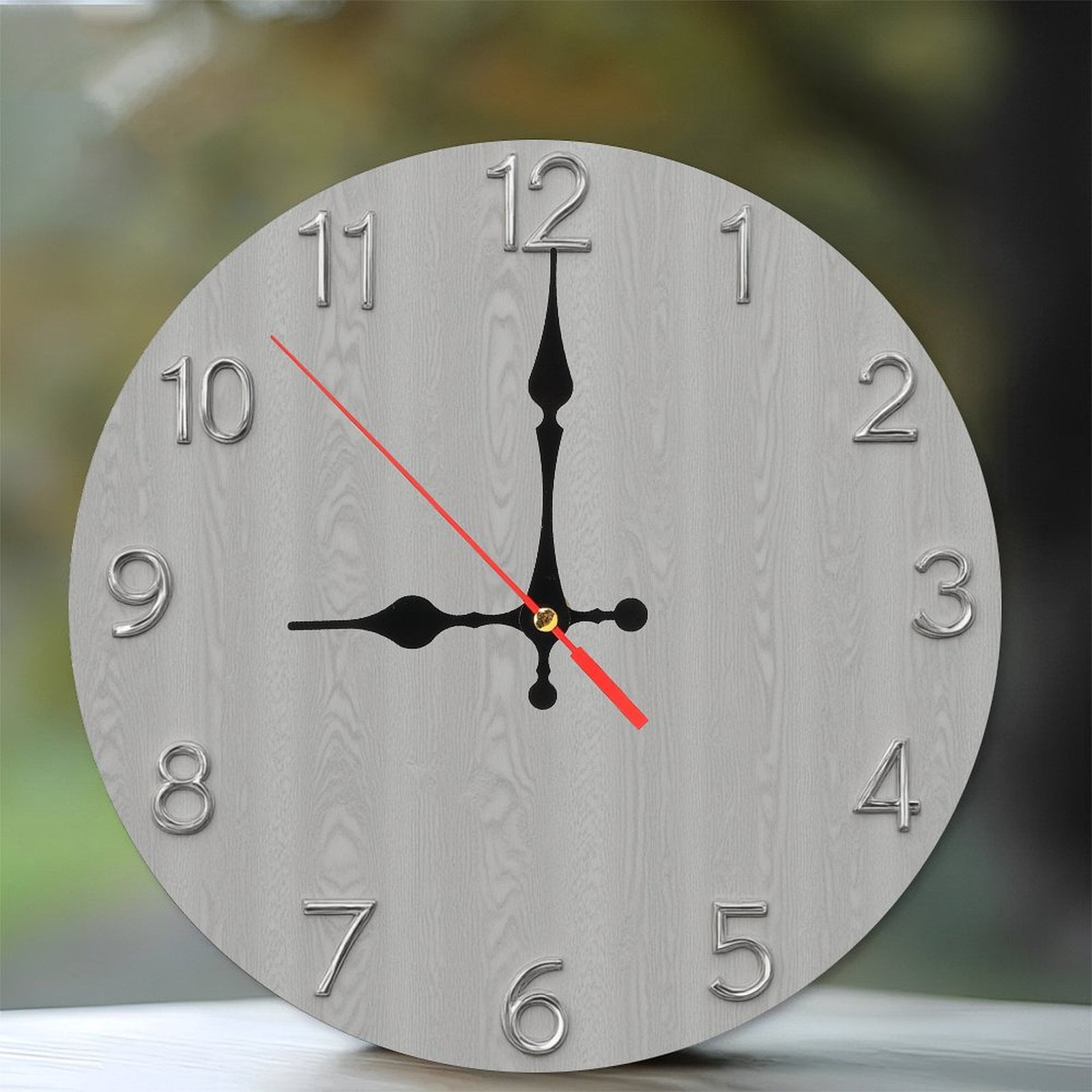 Gray Wood Grain Wall Clock Modern Silver Numbers Home Decor 10-Inch ...