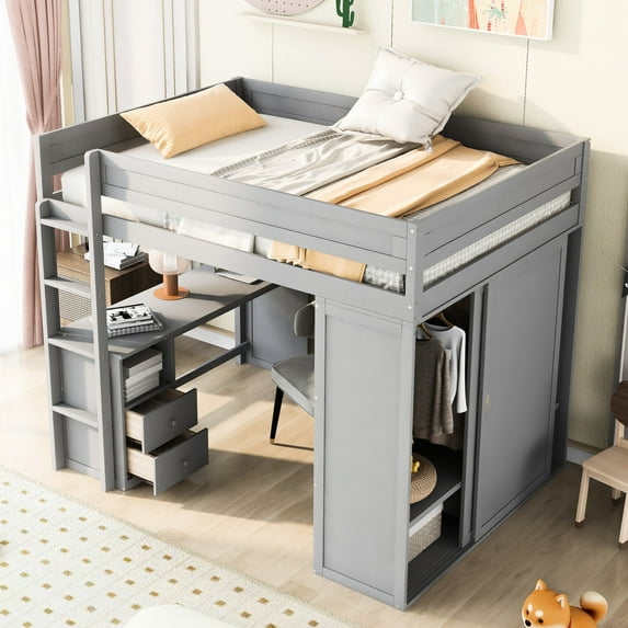 Gray Wood Loft Bed with Wardrobes, 2 - Drawer Desk, Full Size Design ...