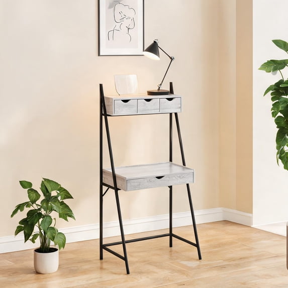 Gray Wood-Look Laminate Leaning Desk with 4 Drawers for Home Office ...