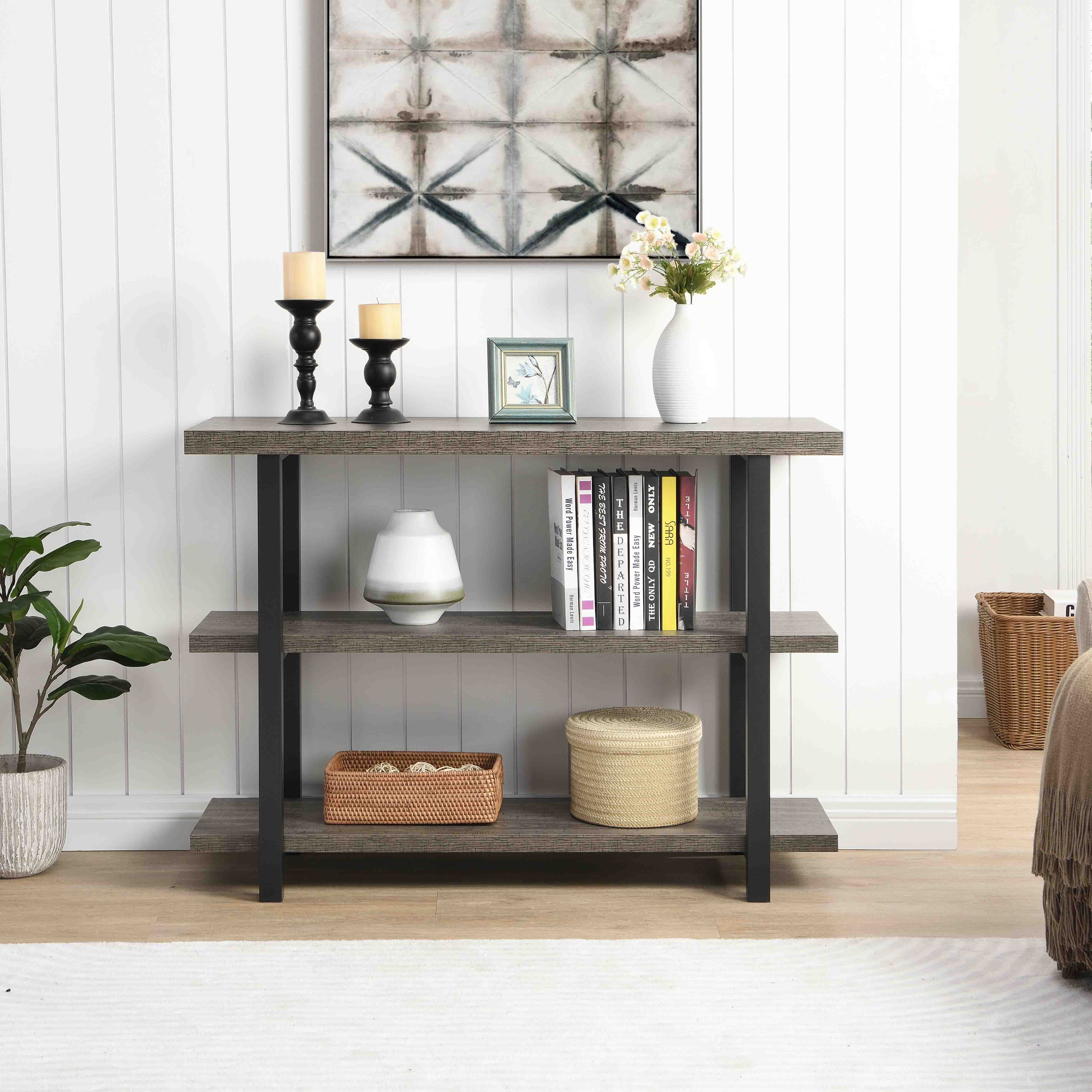 Gray Wood Sofa Table, Narrow Hallway Table with Shelves, 3-Tier Console ...