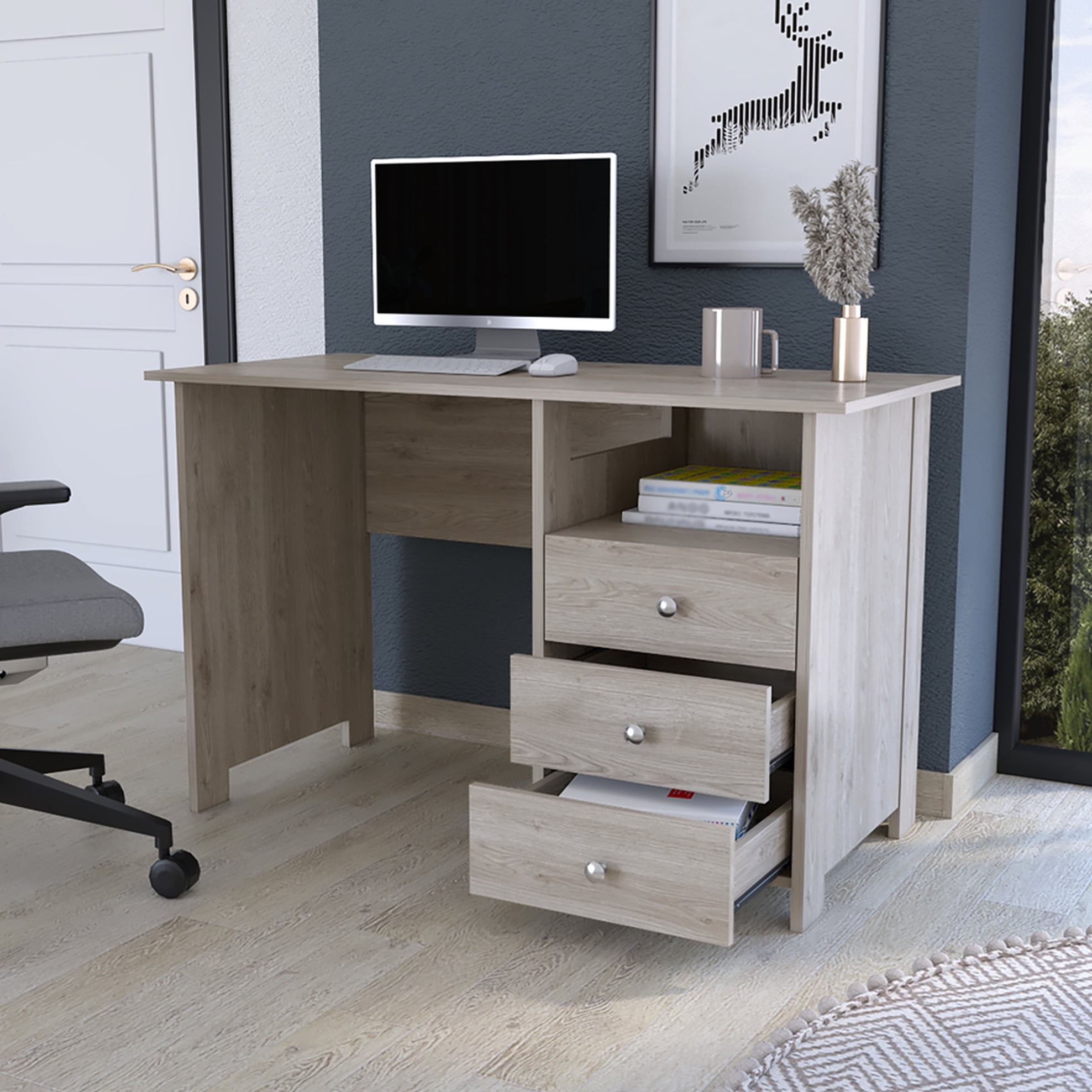 Gray Writing Desk, , 3 Drawers & Stylish Shelf Craft Organized Storage ...