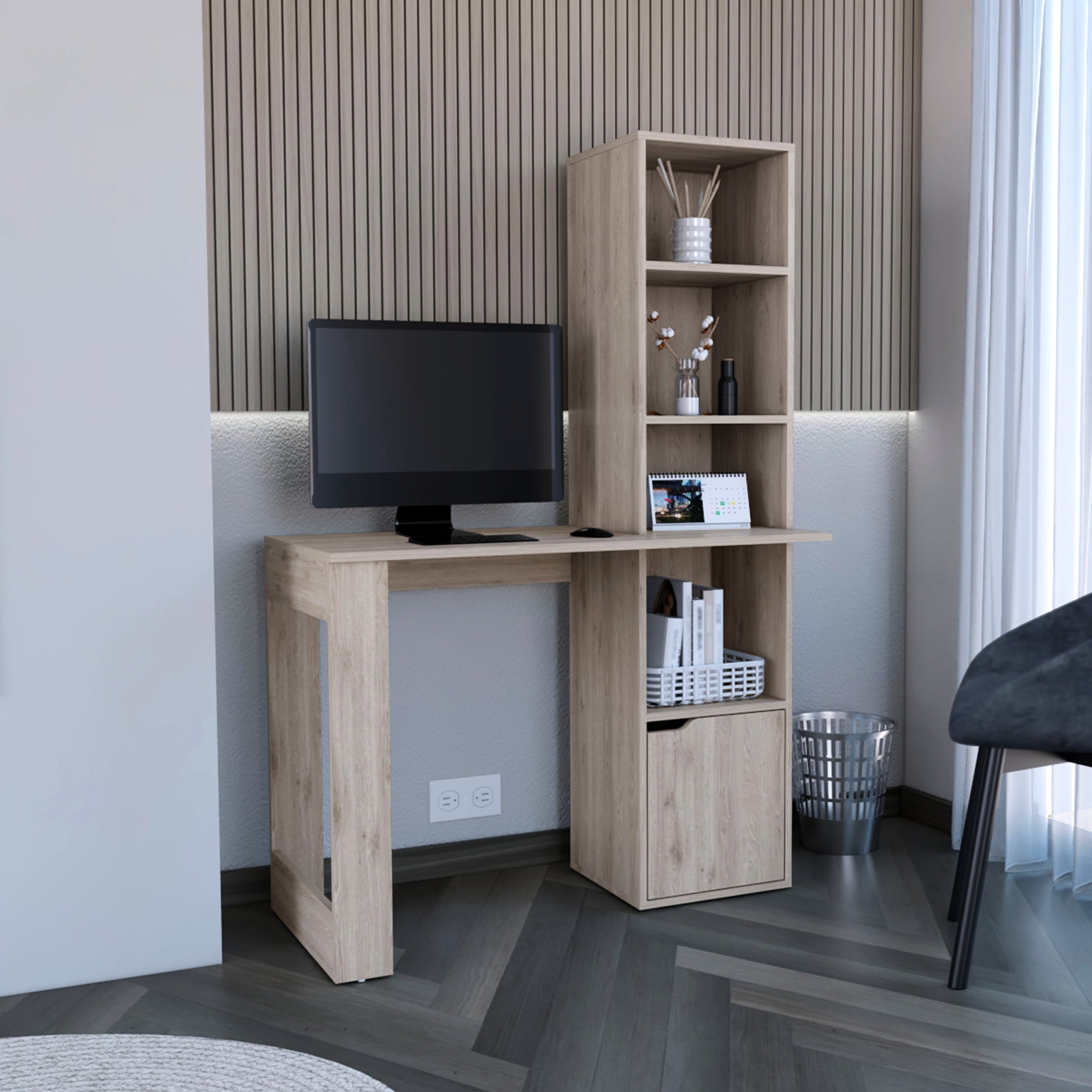 Gray Writing Desk With Bookcase And Cabinet - Effortless Interlocking ...